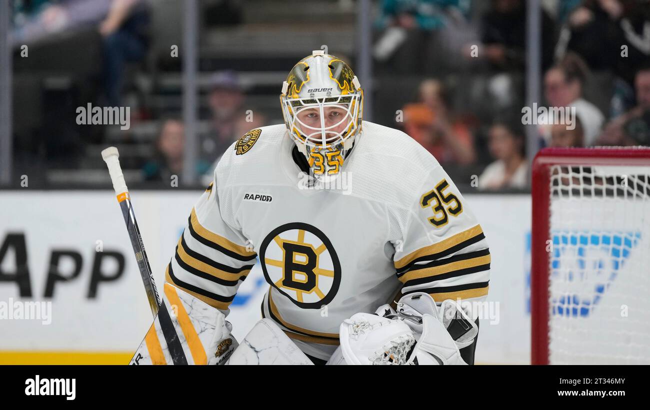 Boston Bruins goaltender Linus Ullmark during an NHL hockey game ...