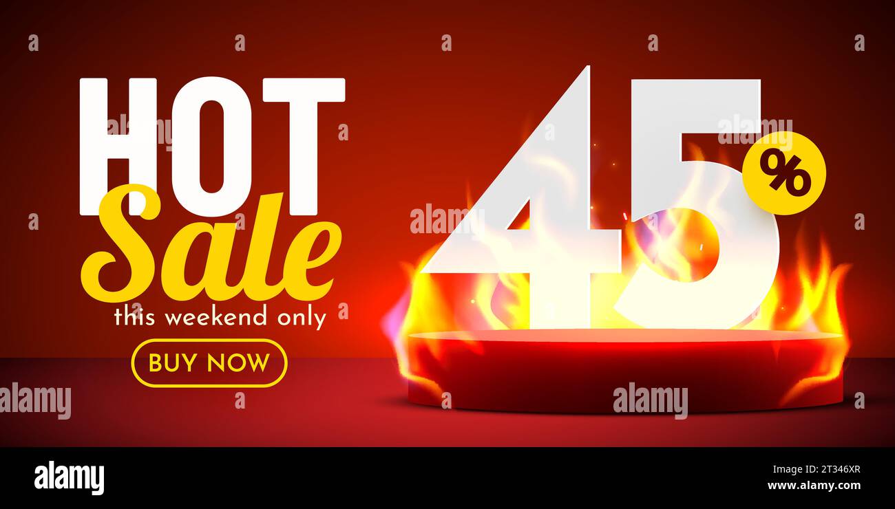 45 percent Off. Hot sale banner with burning numbers. Discount poster ...