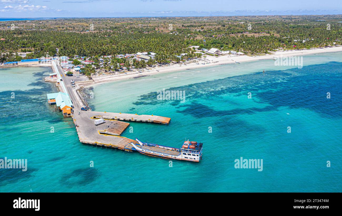 Aerial view of Santa Fe port with ferry docked in Bantayan island near ...