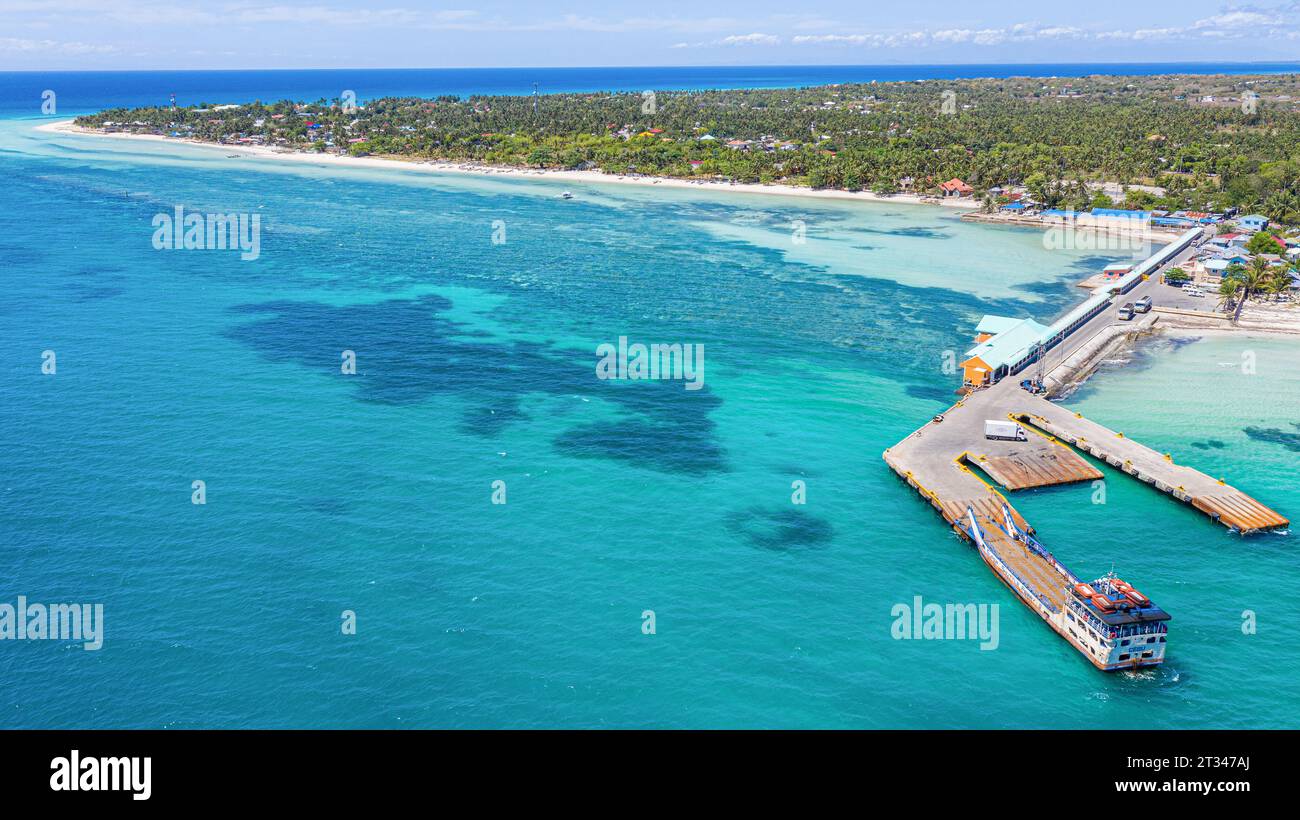 Aerial view of Santa Fe port with ferry docked in Bantayan island near ...