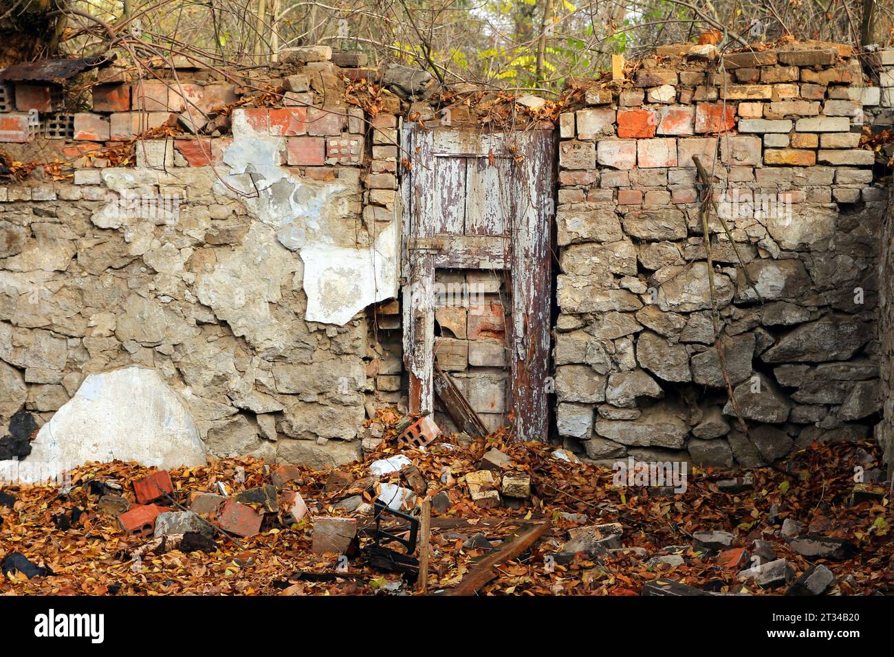 A brick wall destroyed by the disaster and a wooden door Stock Photo ...
