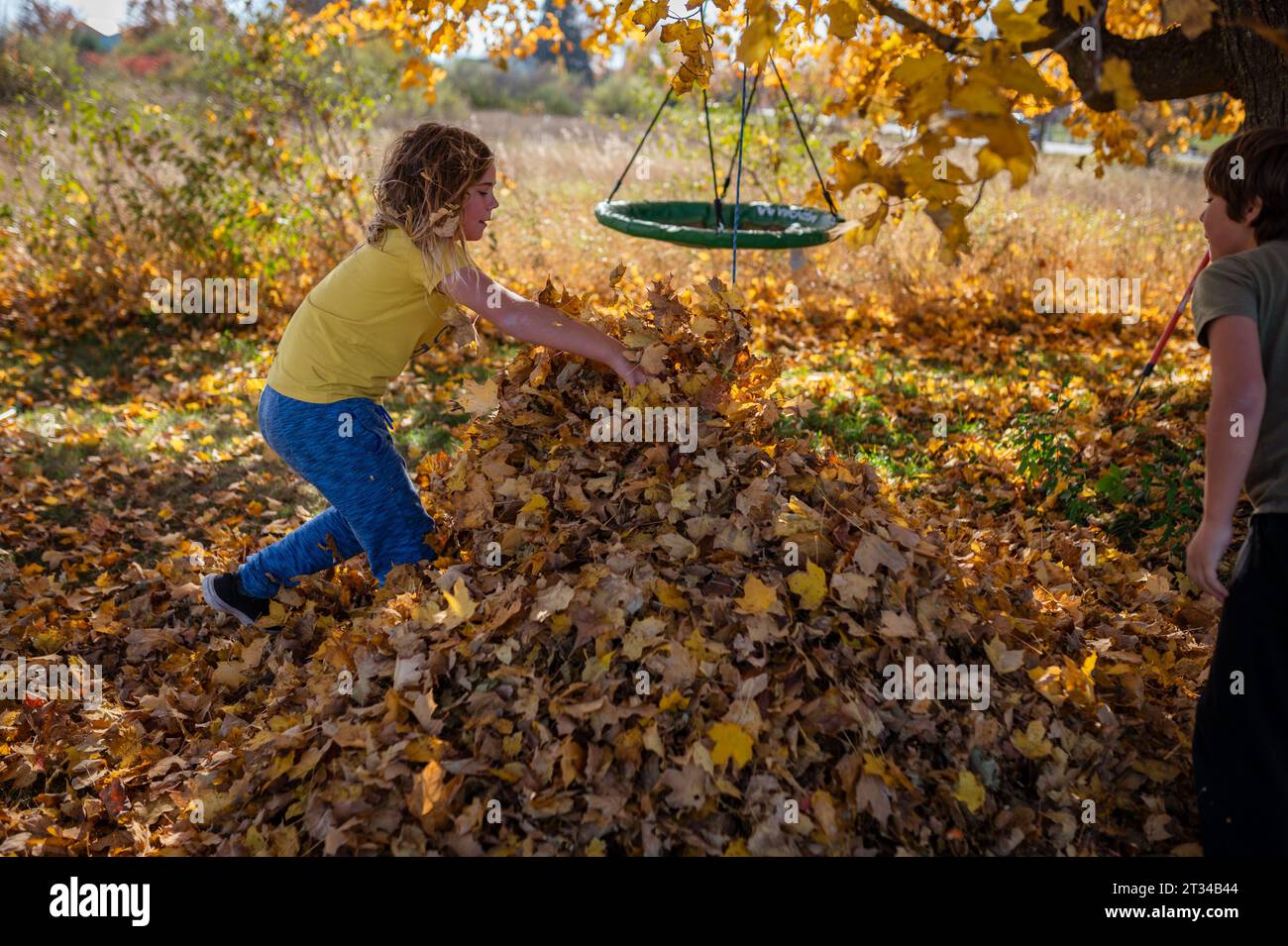 Children put leaves in autumn colors into a pile next to a swing Stock ...