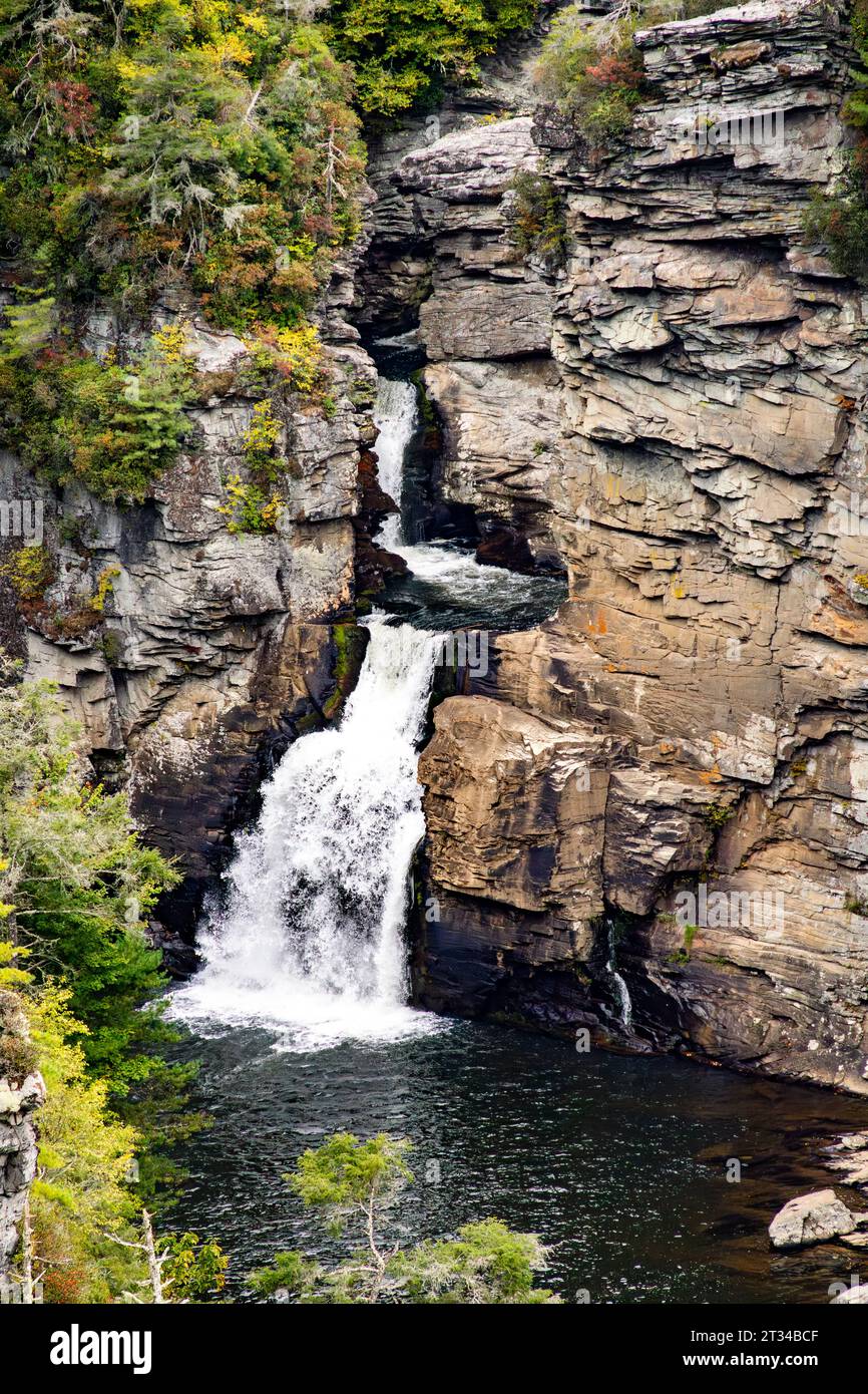 A Waterfall pours into the gorge bellow Seen from a High Vantage Point ...