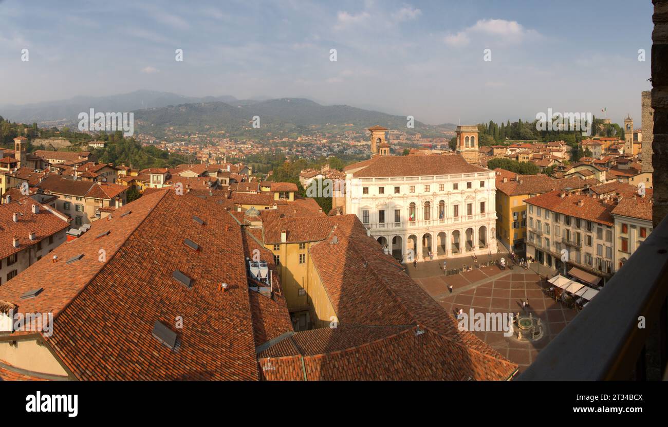 View across Bergamo in Lombardy from the Campone, showing the Palazzo ...