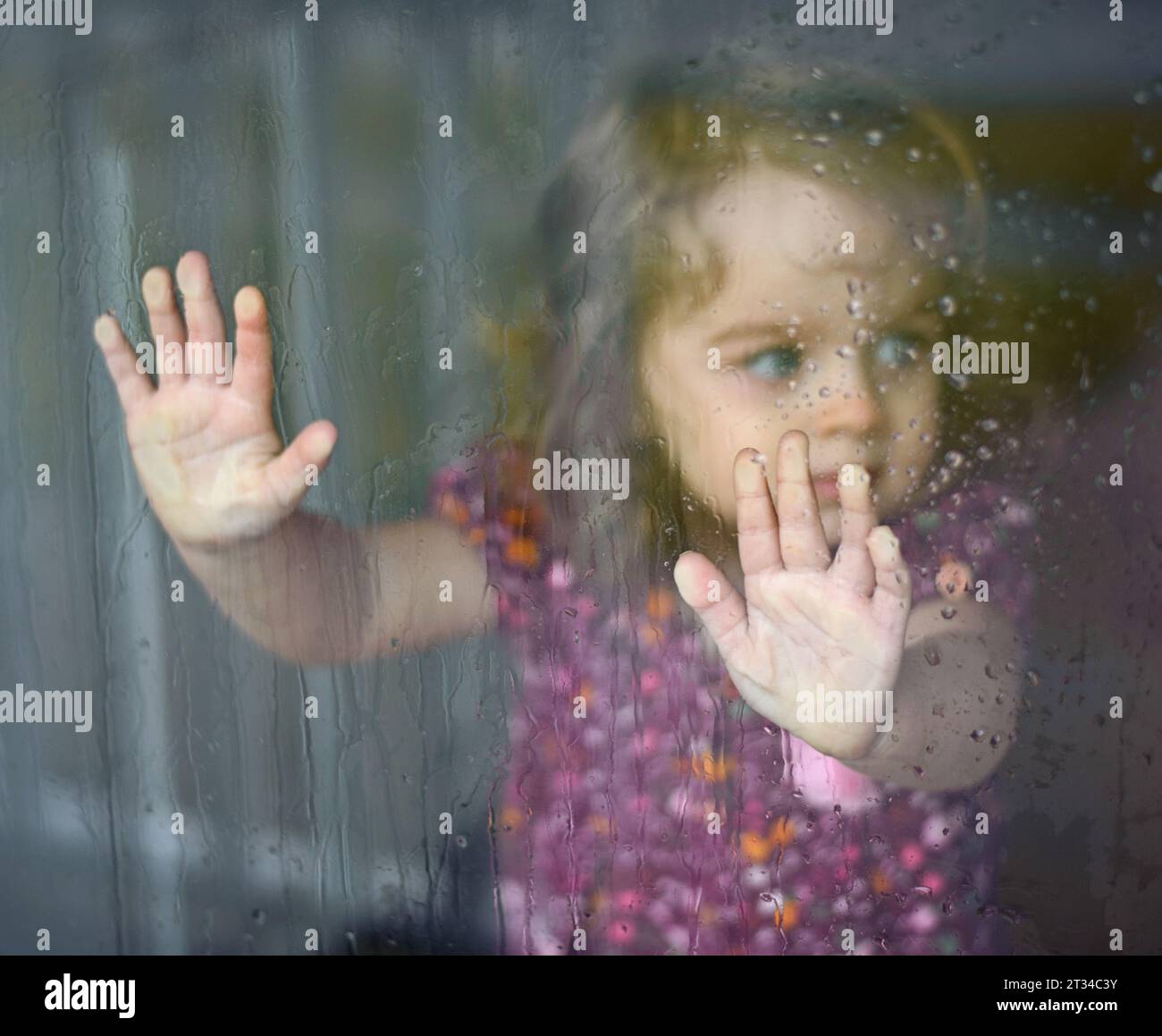toddler pushing on window while waiting Stock Photo - Alamy