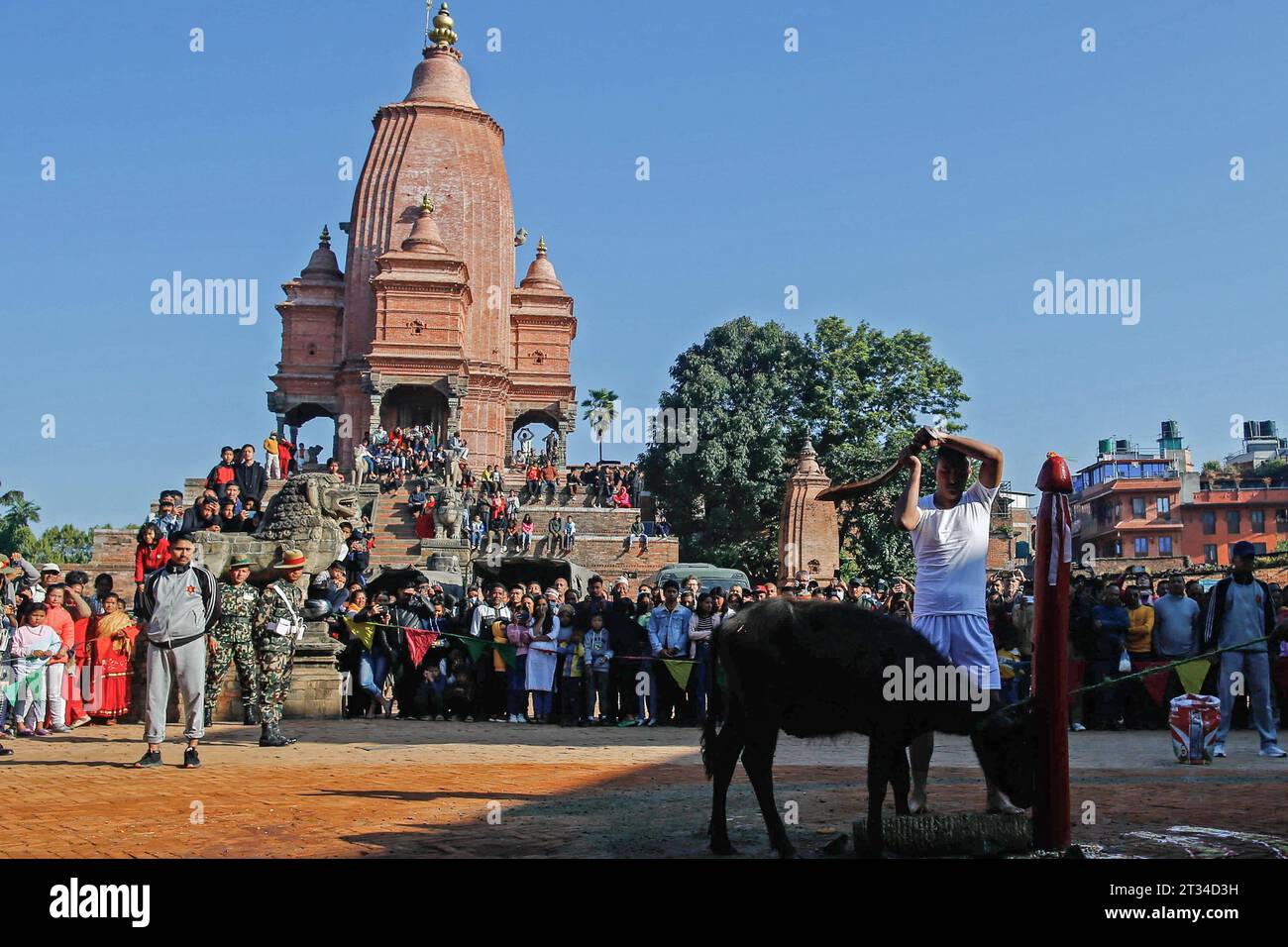 Bhaktapur, Nepal. 23rd Oct, 2023. Nepalese Army offer a ritual ...