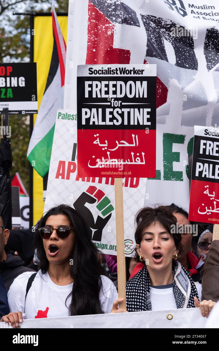 Female protesters at a Free Palestine protest in London following the ...