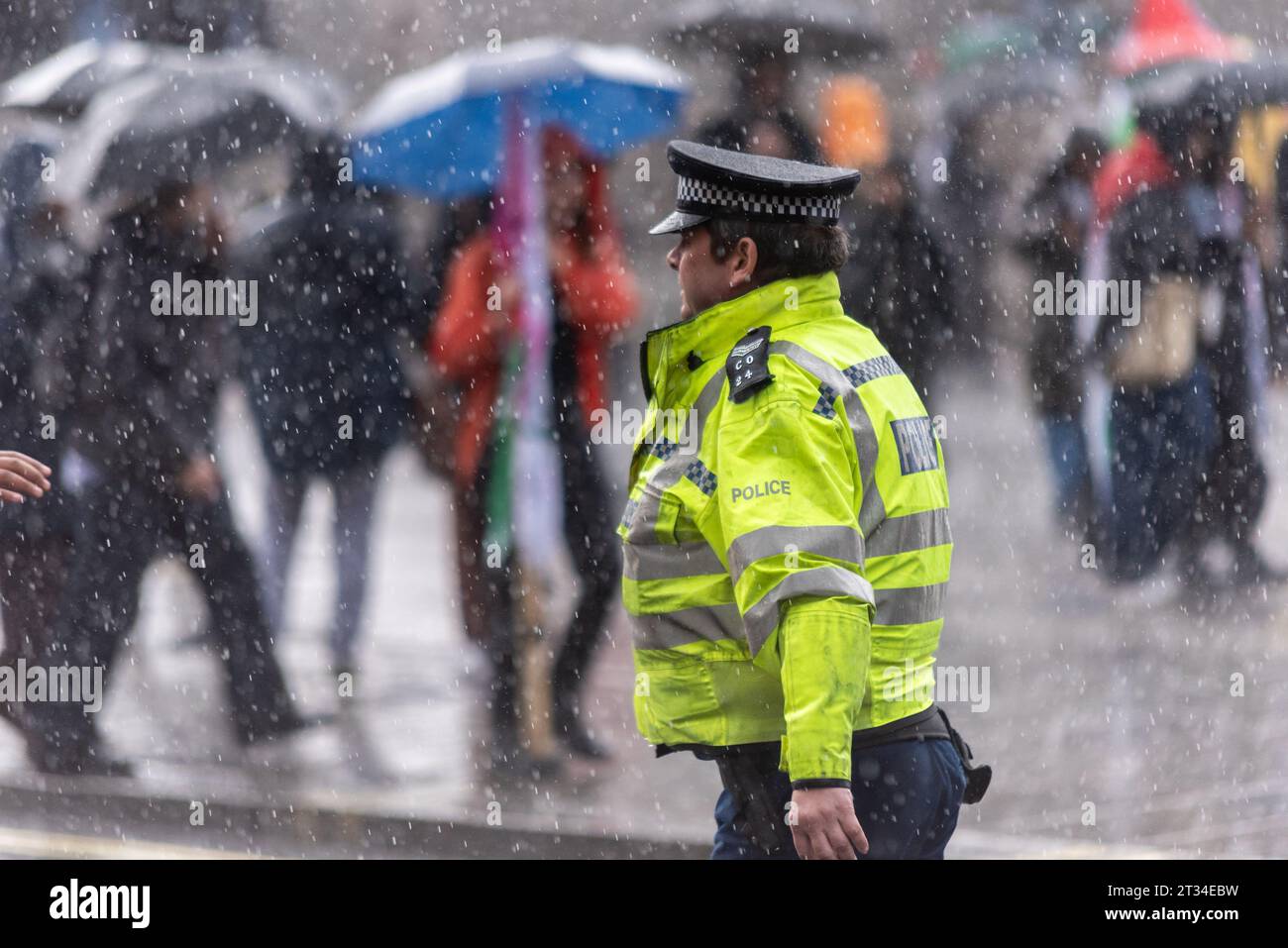 Police officer in heavy rain at a Free Palestine protest in London, UK ...