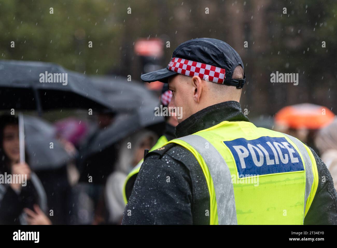 City of London Police officers caught in heavy rain at a Free Palestine ...