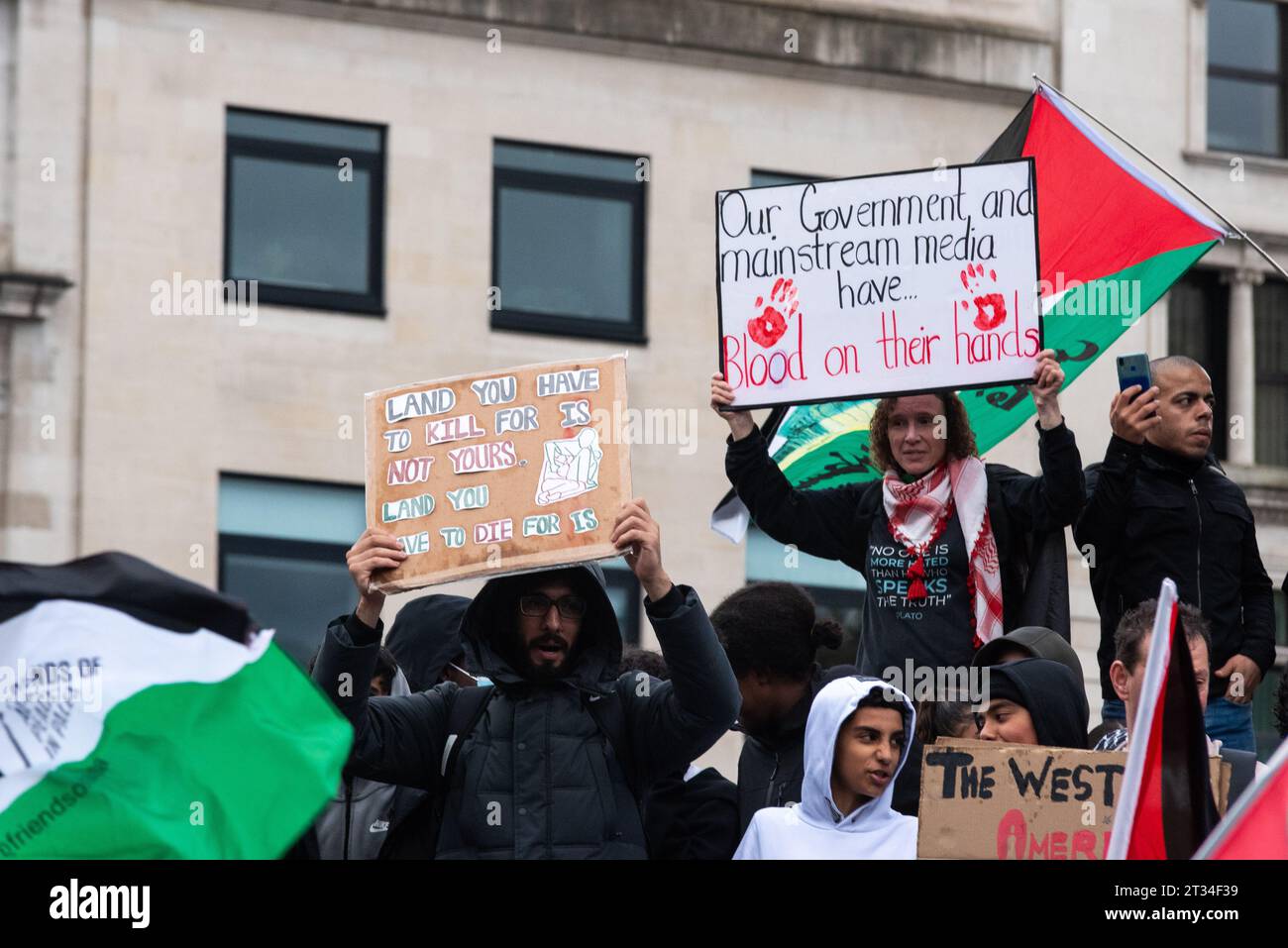 Placards at a Free Palestine protest in London following the escalation ...