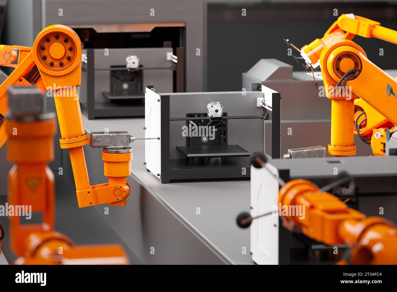 High-tech robots assembling a cutting-edge 3D printer in a modern ...