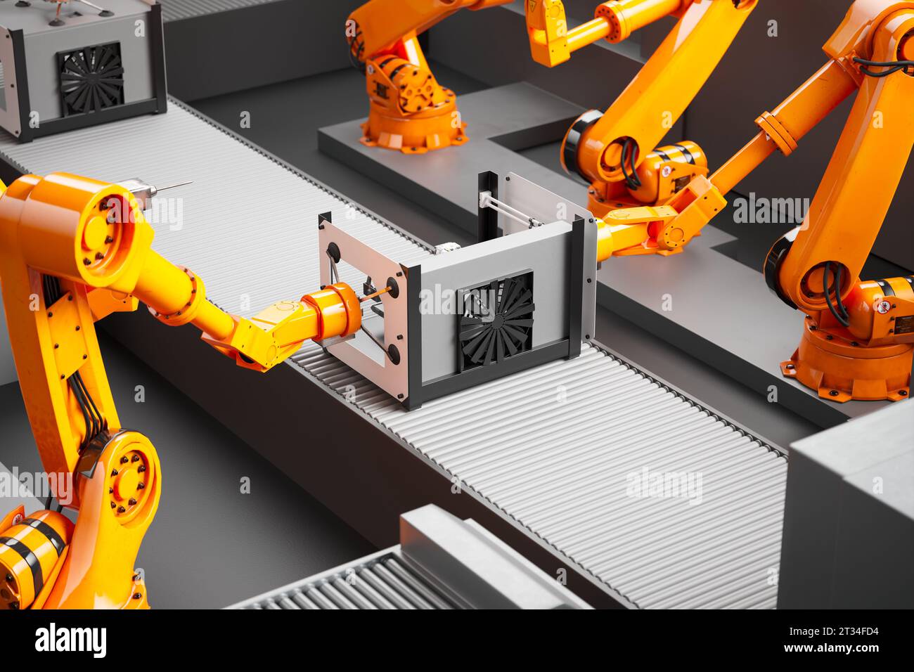 High-tech robots assembling a cutting-edge 3D printer in a modern ...