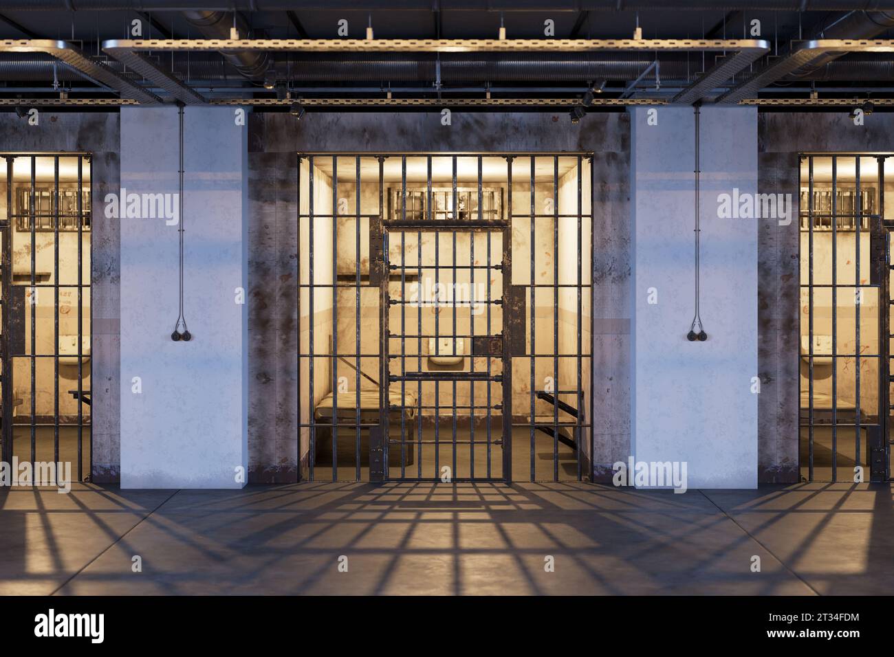 A prison hallway showcasing rows of cells. Hallway of the modern loft ...