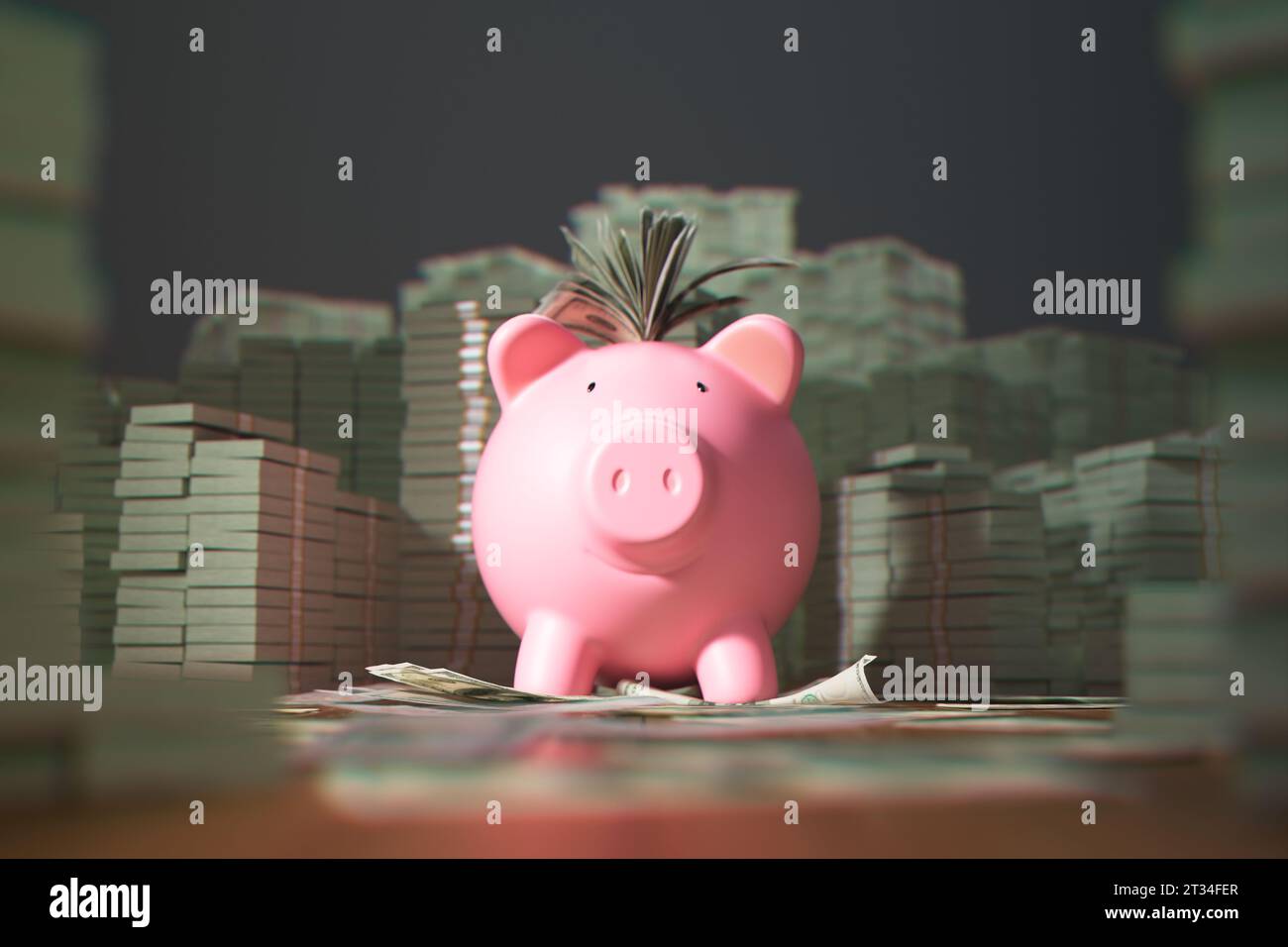 Cute pink porcelain piggy bank stuffed with huge amounts of money. Rich ...