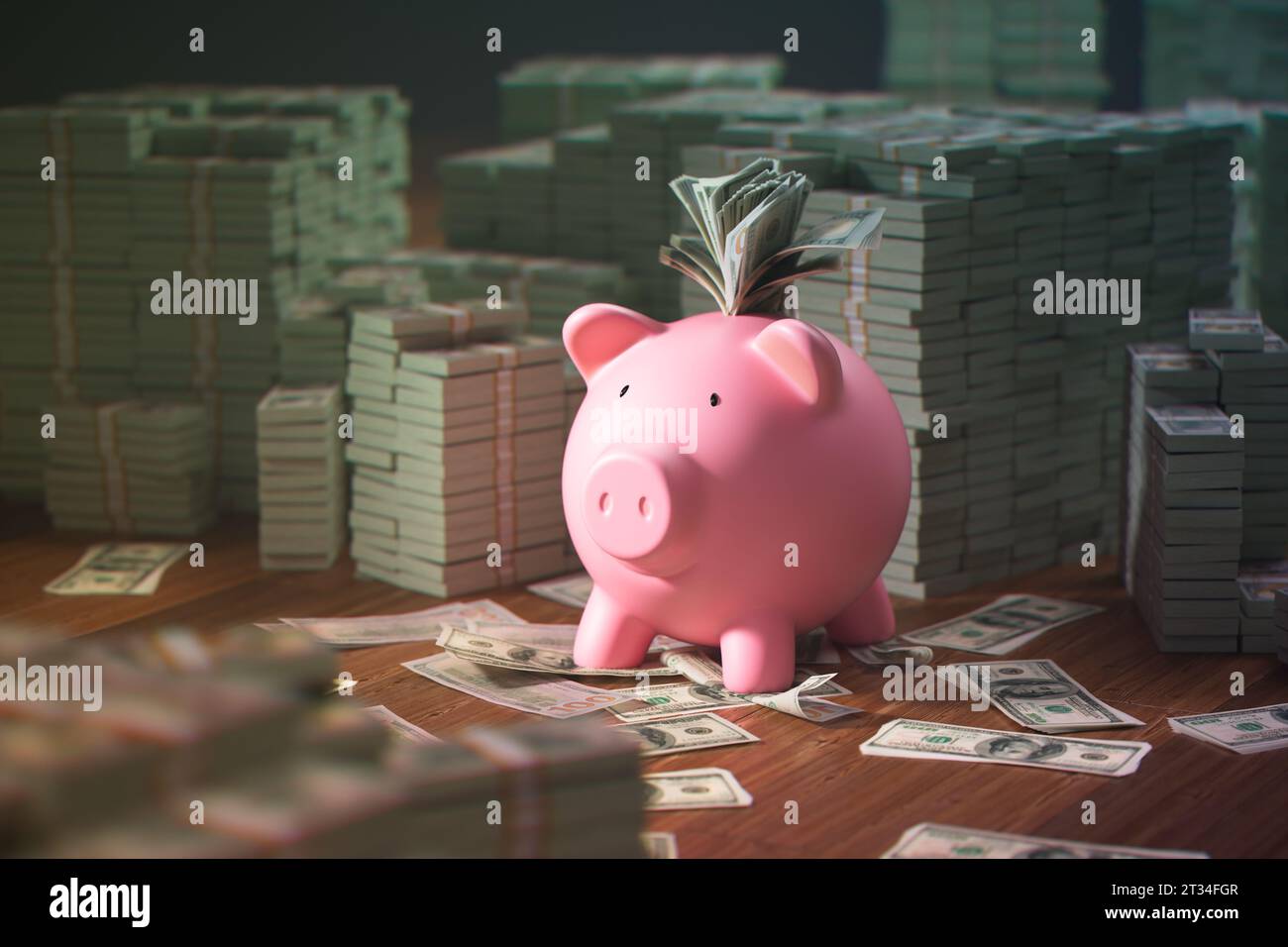 Cute pink porcelain piggy bank stuffed with huge amounts of money. Rich ...