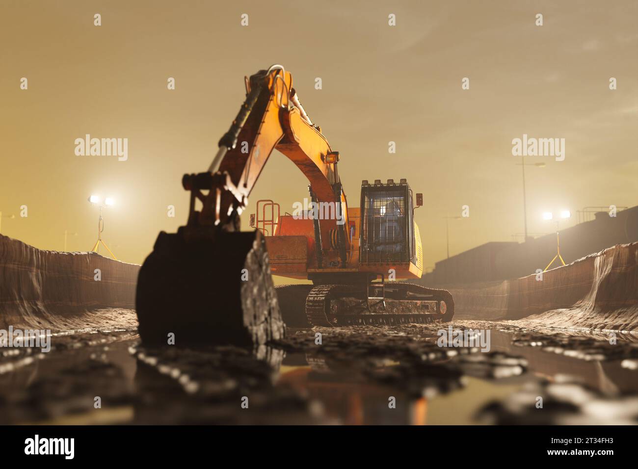 Excavator or digger at construction site. Cargo and tank wagons ...