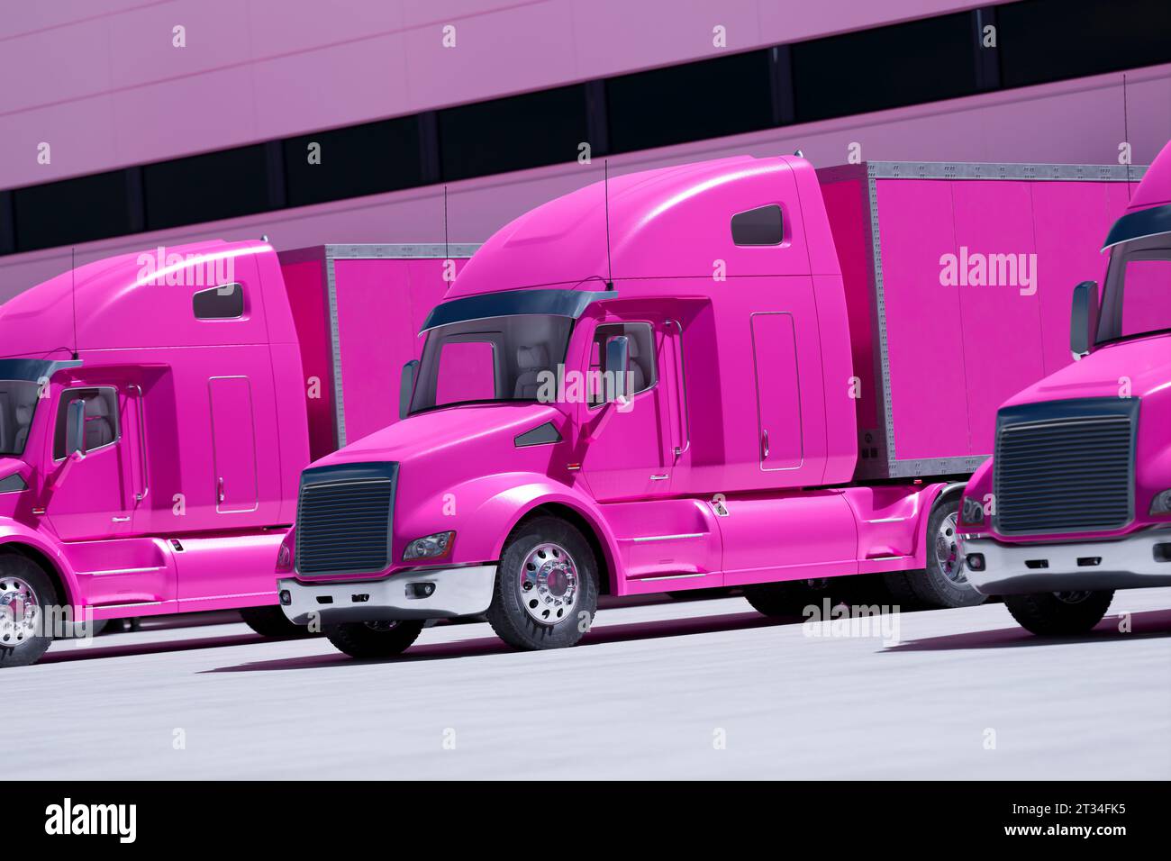 Pink trucks with semi-trailers standing in a row in front of a ...
