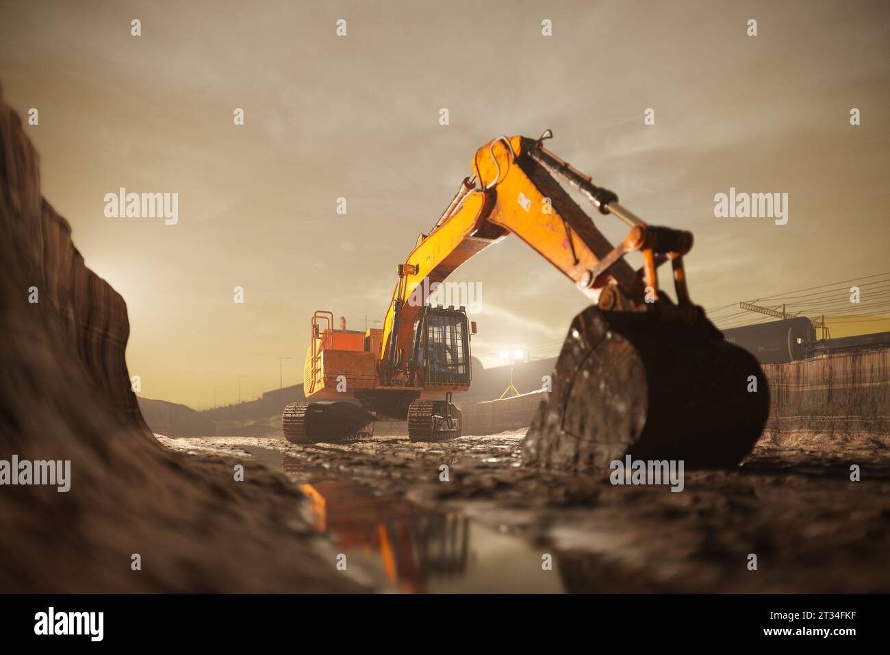 Excavator or digger at construction site. Cargo and tank wagons ...