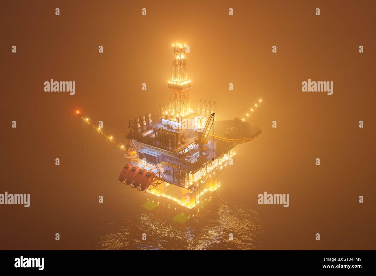 Big oil rig working on an open ocean during a foggy night. Countless ...