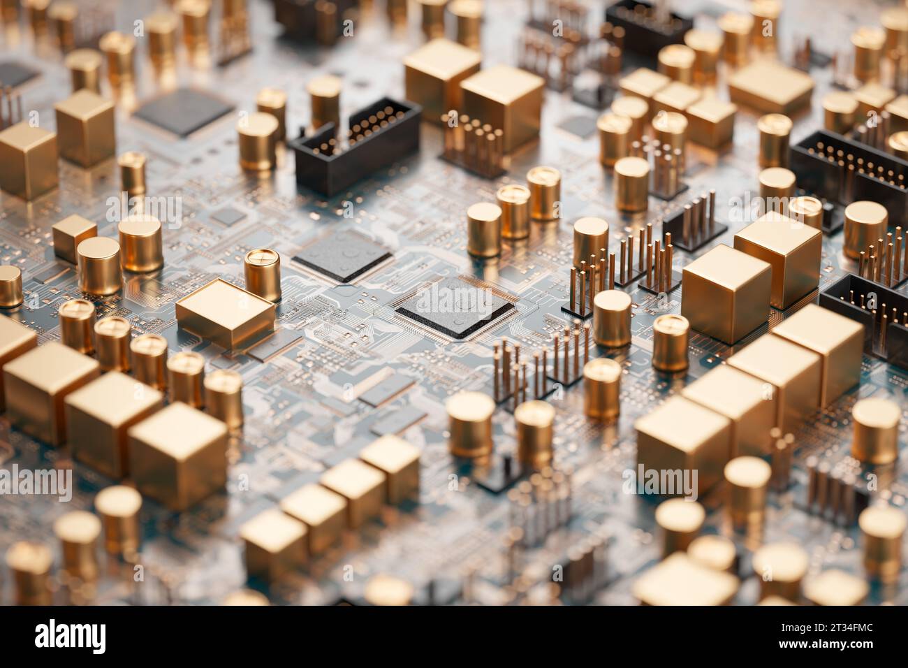 3D rendering showcases a motherboard with gold elements and advanced ...
