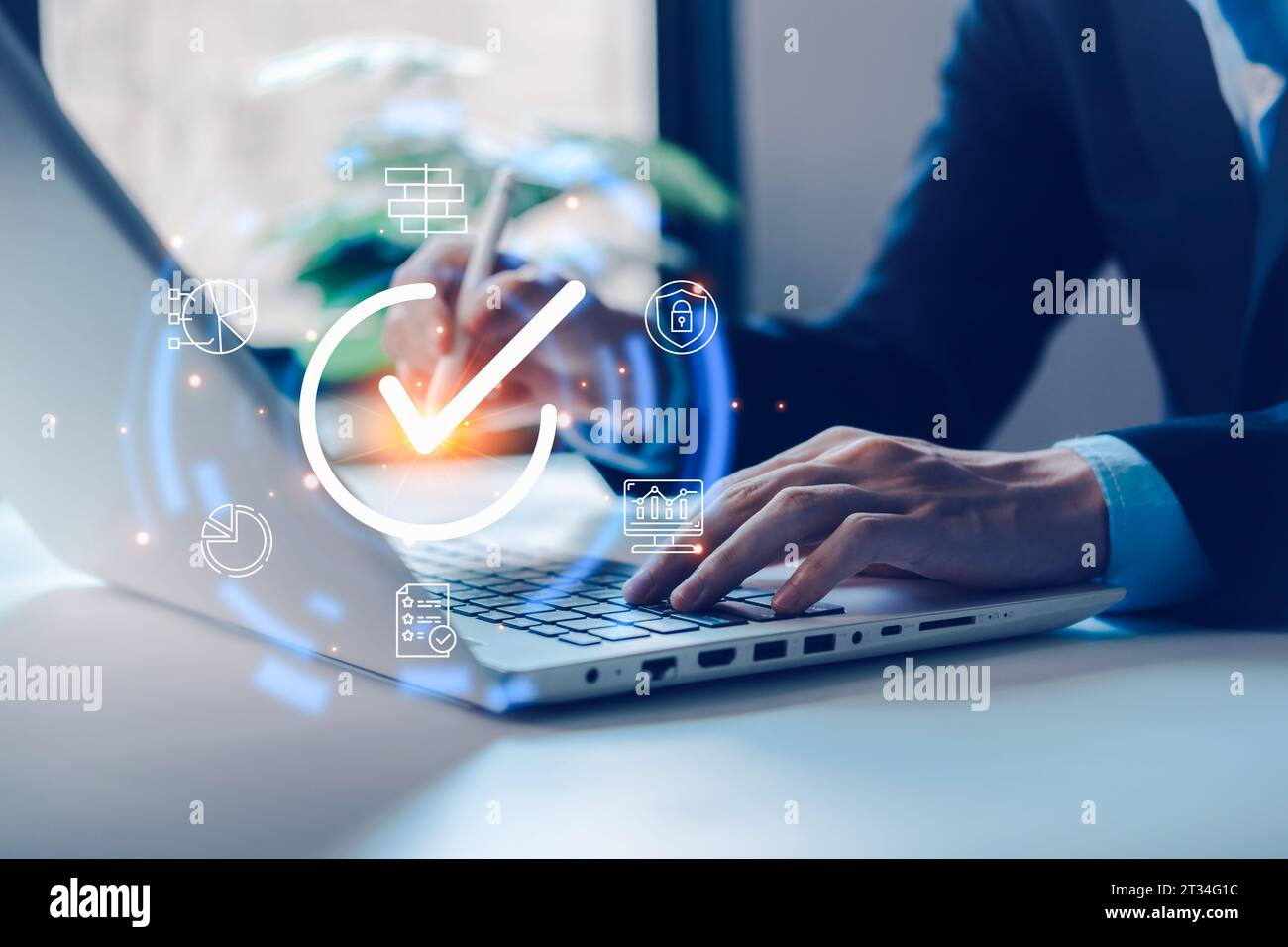 Businessman assessment for certificate. Digital online documents with ...