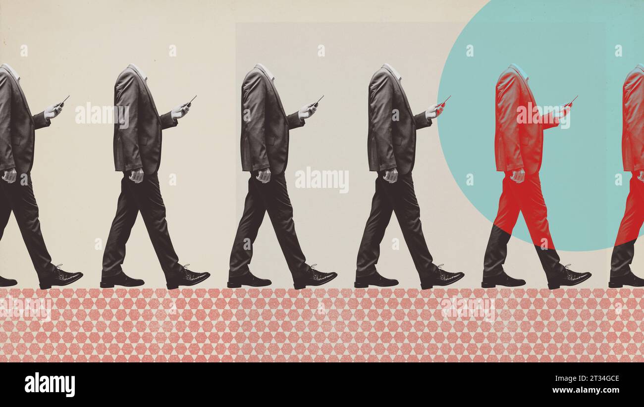 Identical headless people walking in line and staring at the smartphone ...