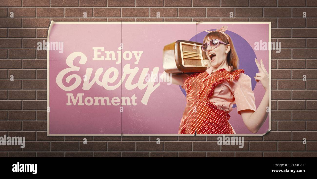 Vintage advertisement with funny housewife and inspirational quote ...