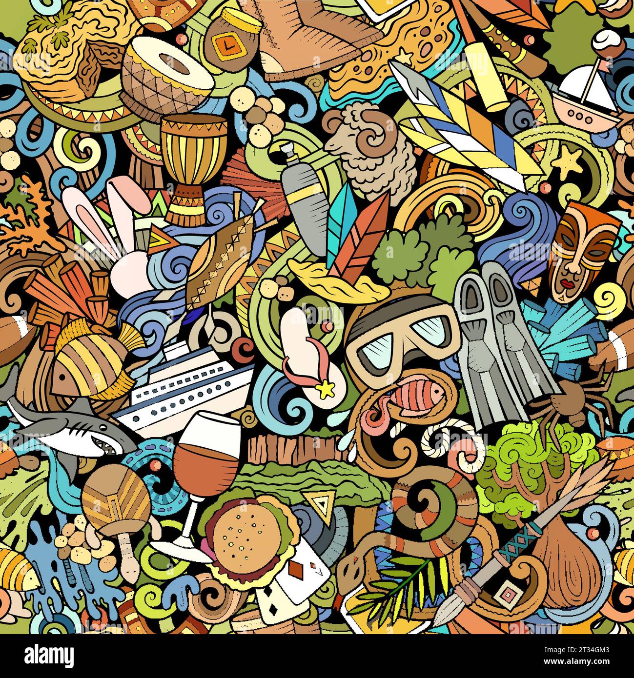 Cartoon doodles Australia seamless pattern. Backdrop with Australian ...