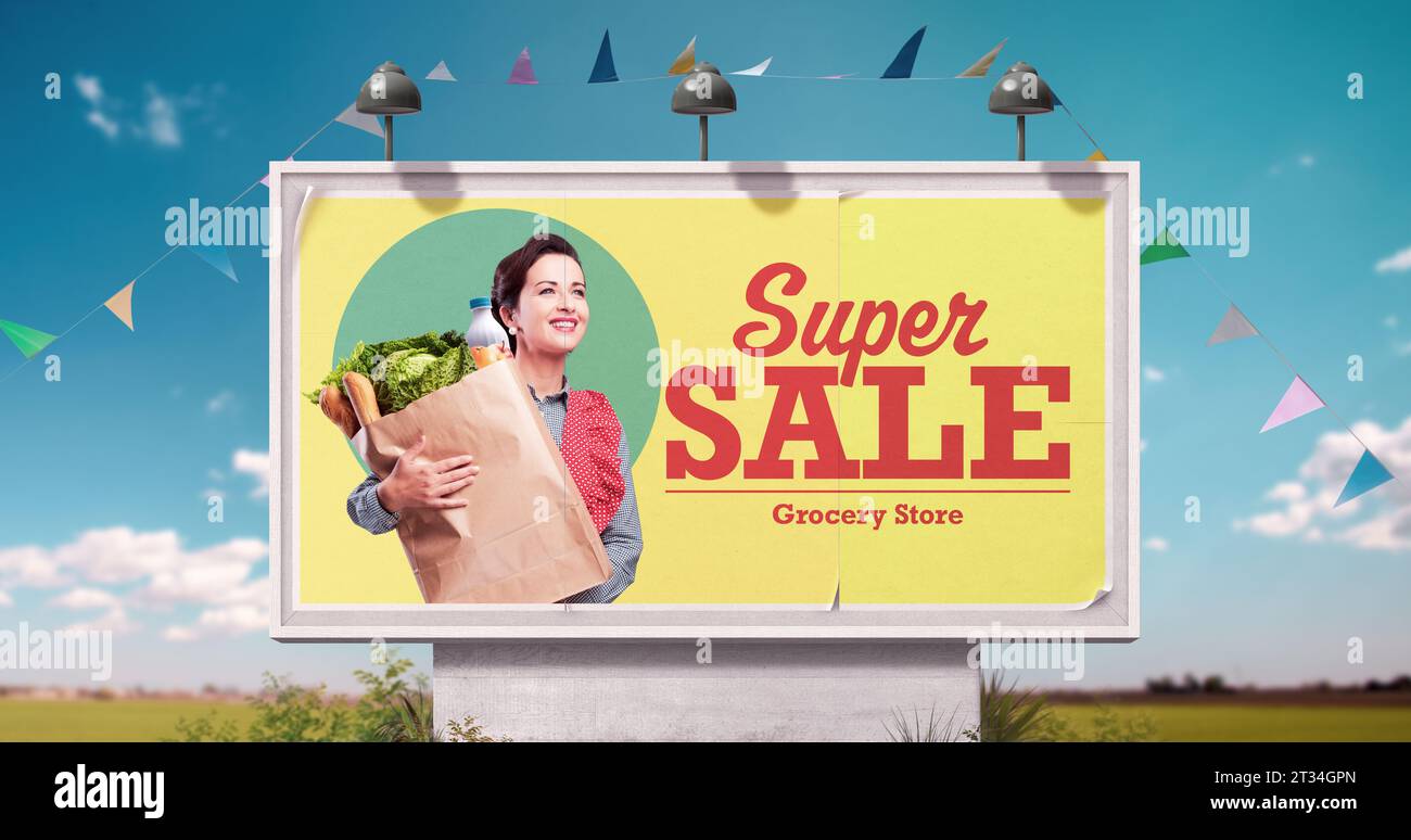 Vintage style grocery shopping advertisement on billboard with happy ...