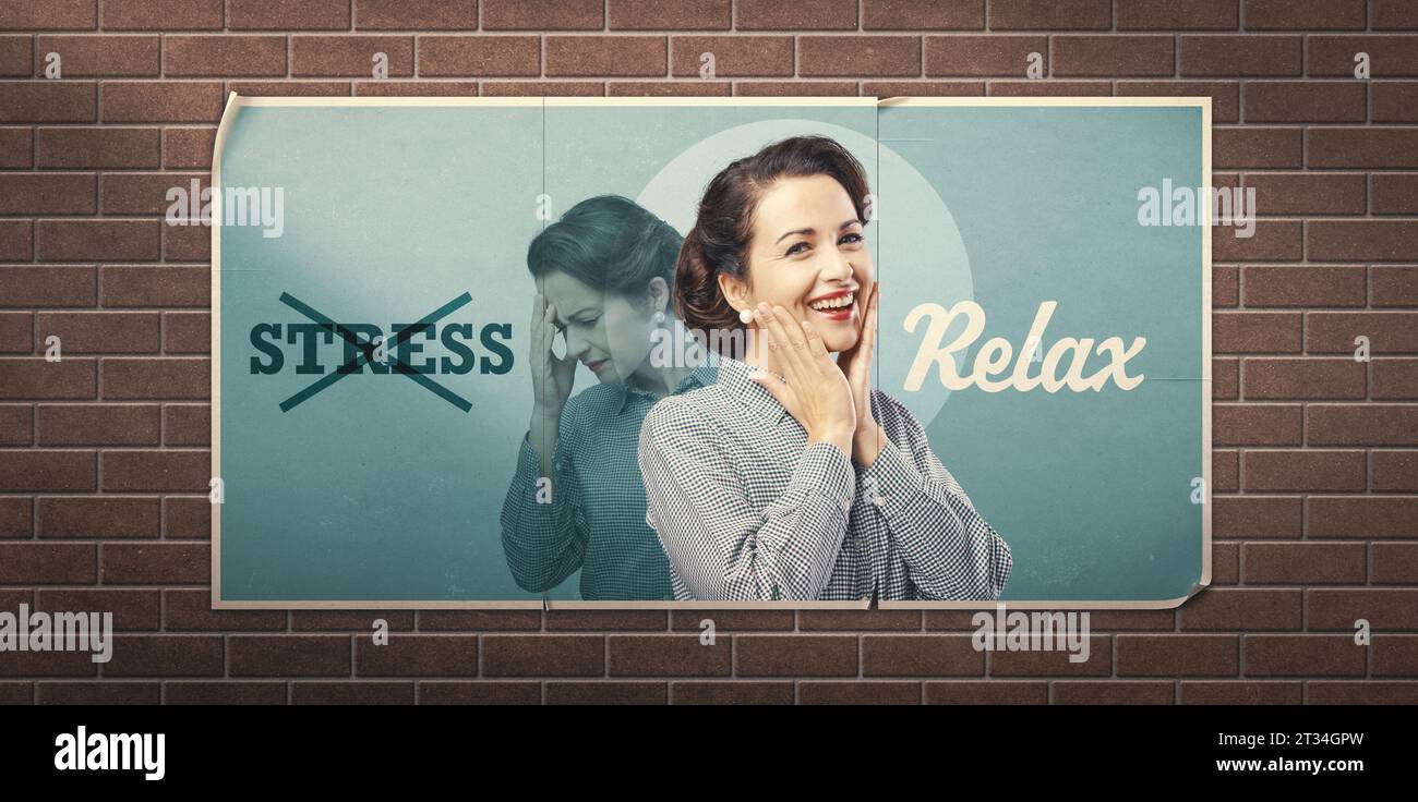 No stress inspirational vintage advertisement poster with woman smiling ...