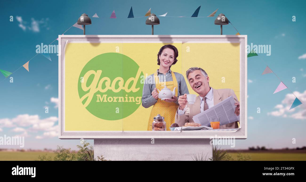 Motivational ad with traditional vintage couple on billboard sign and ...