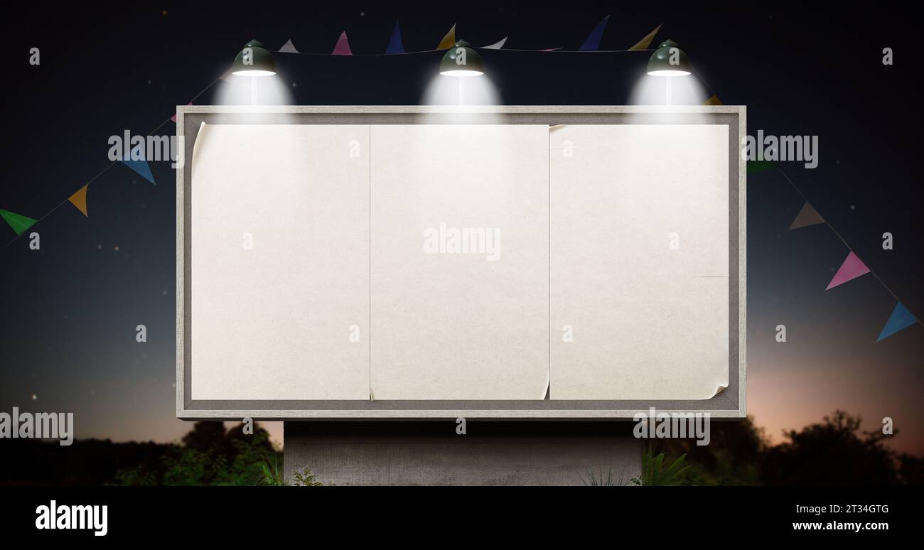 Large vintage billboard sign with white posters and string flags ...