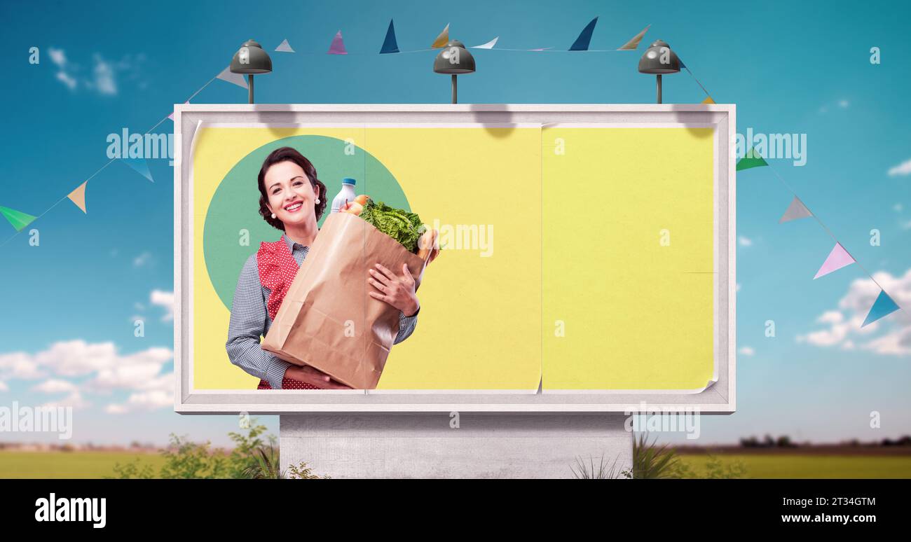 Vintage style grocery shopping advertisement on billboard with happy ...