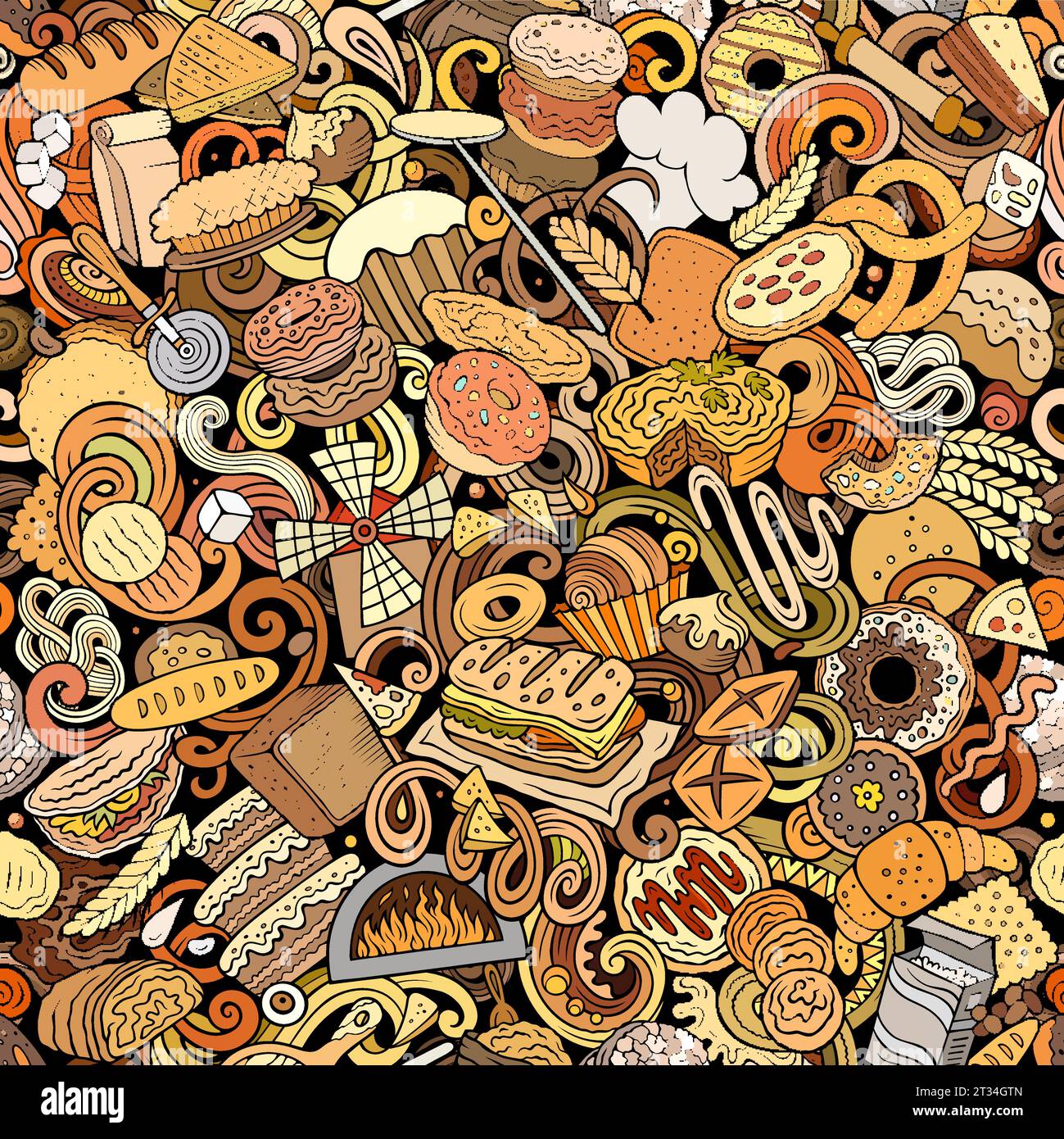 Cartoon vector doodles on the subject of bakery seamless pattern ...