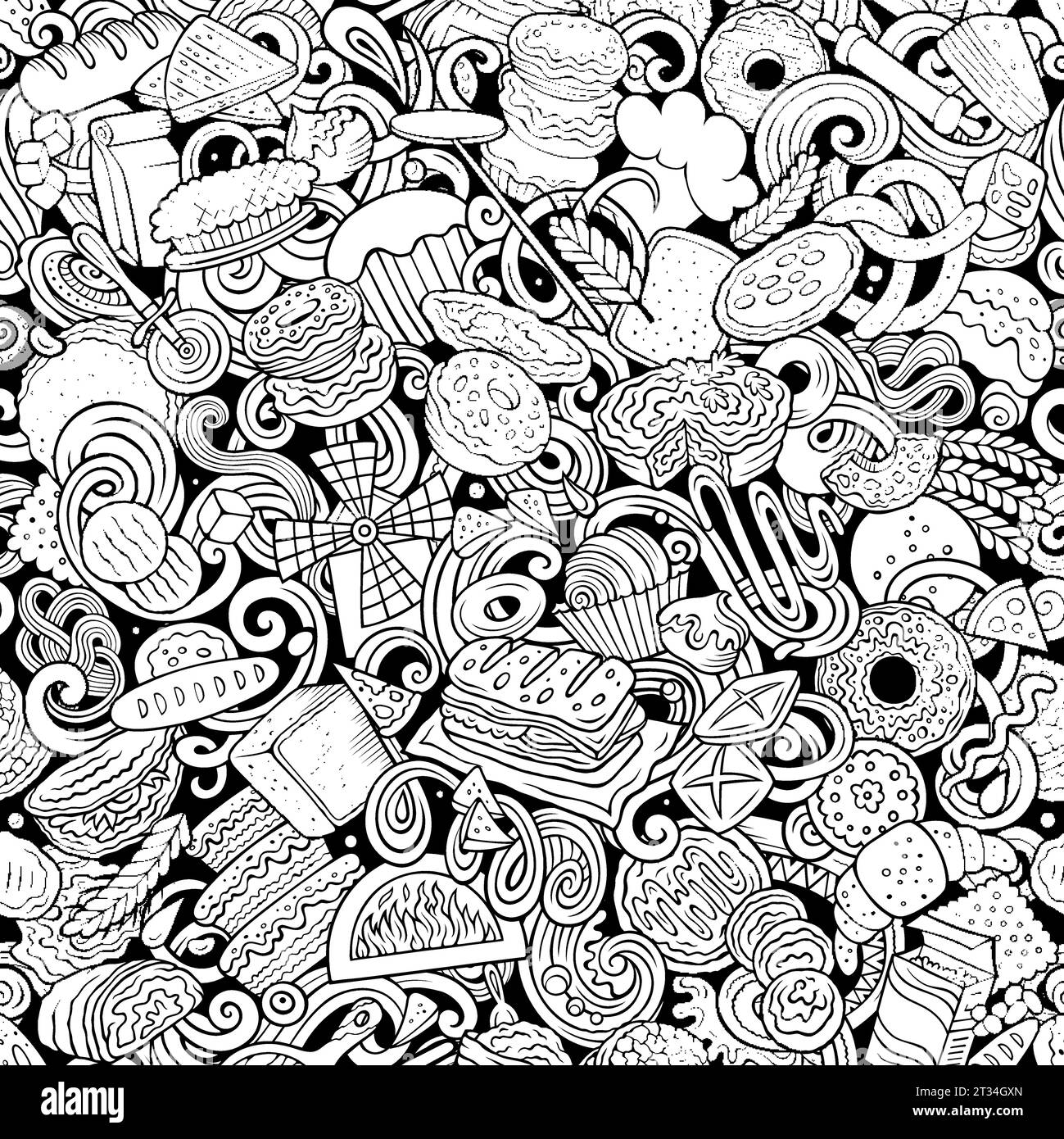 Cartoon vector doodles on the subject of bakery seamless pattern ...