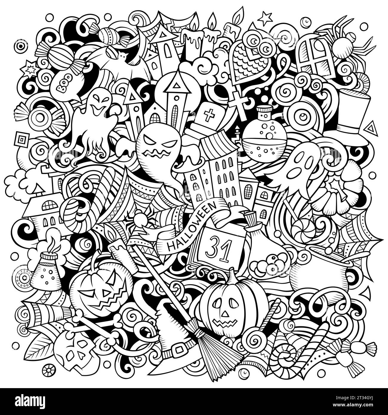 Cartoon vector doodles Happy Halloween illustration. Sketchy, detailed ...