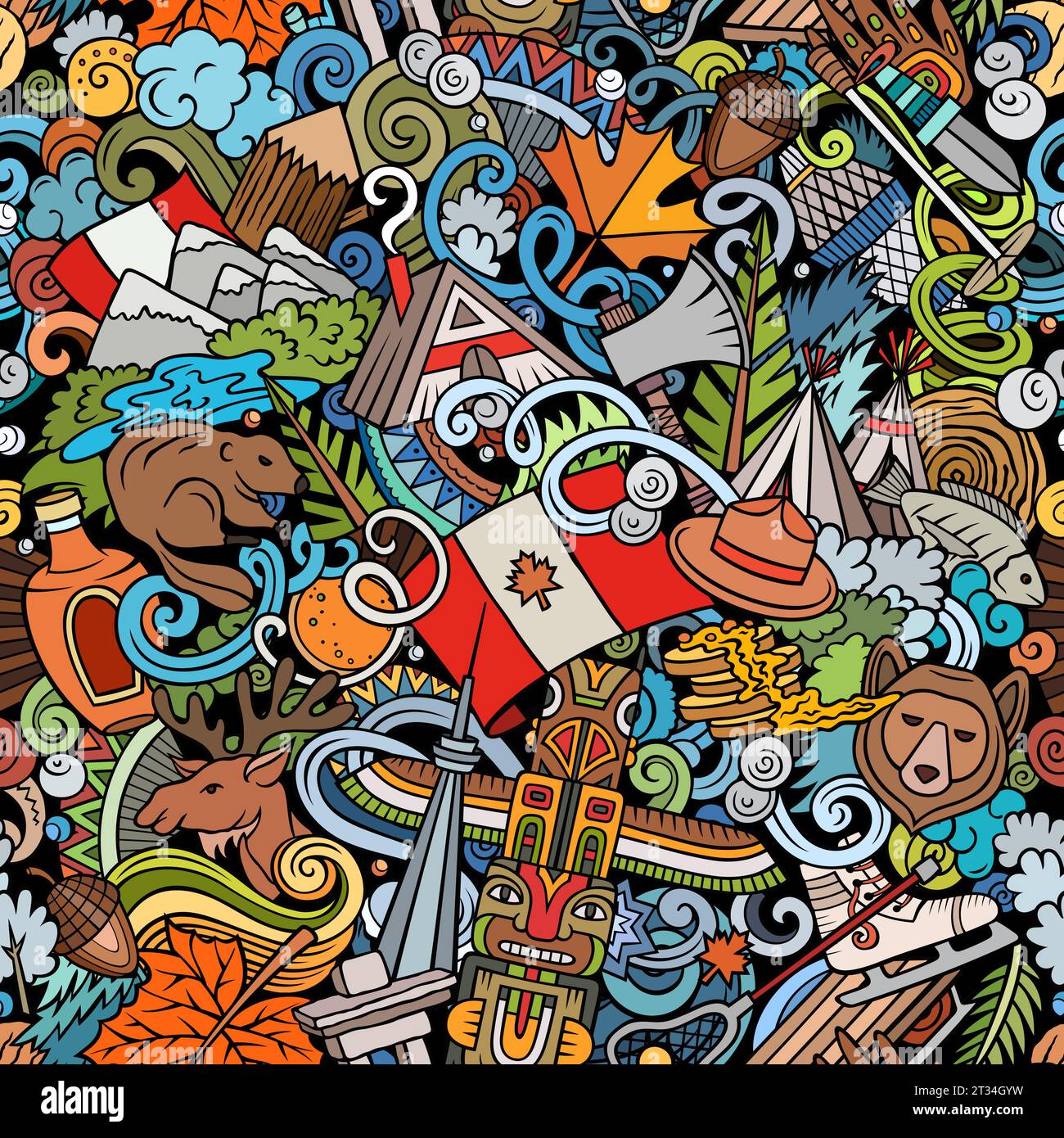 Colorful cartoon doodle seamless pattern with a variety of Canadian ...