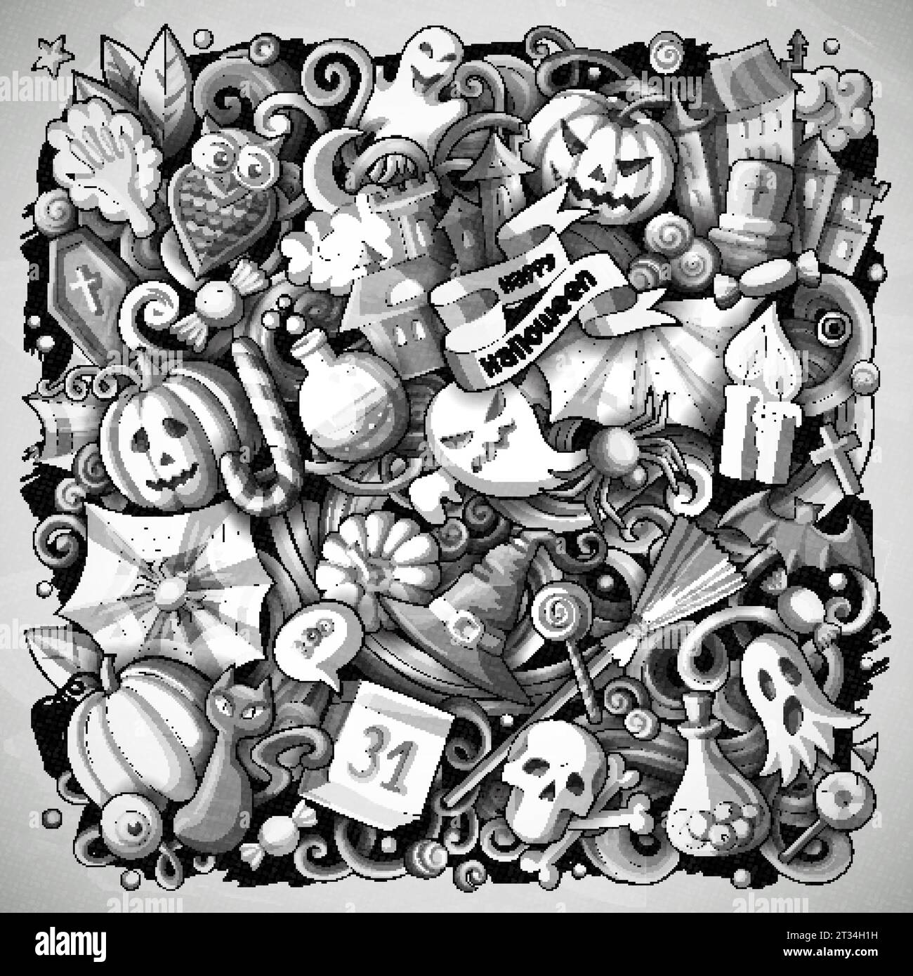 Cartoon vector doodles Happy Halloween illustration. Graphics, detailed ...