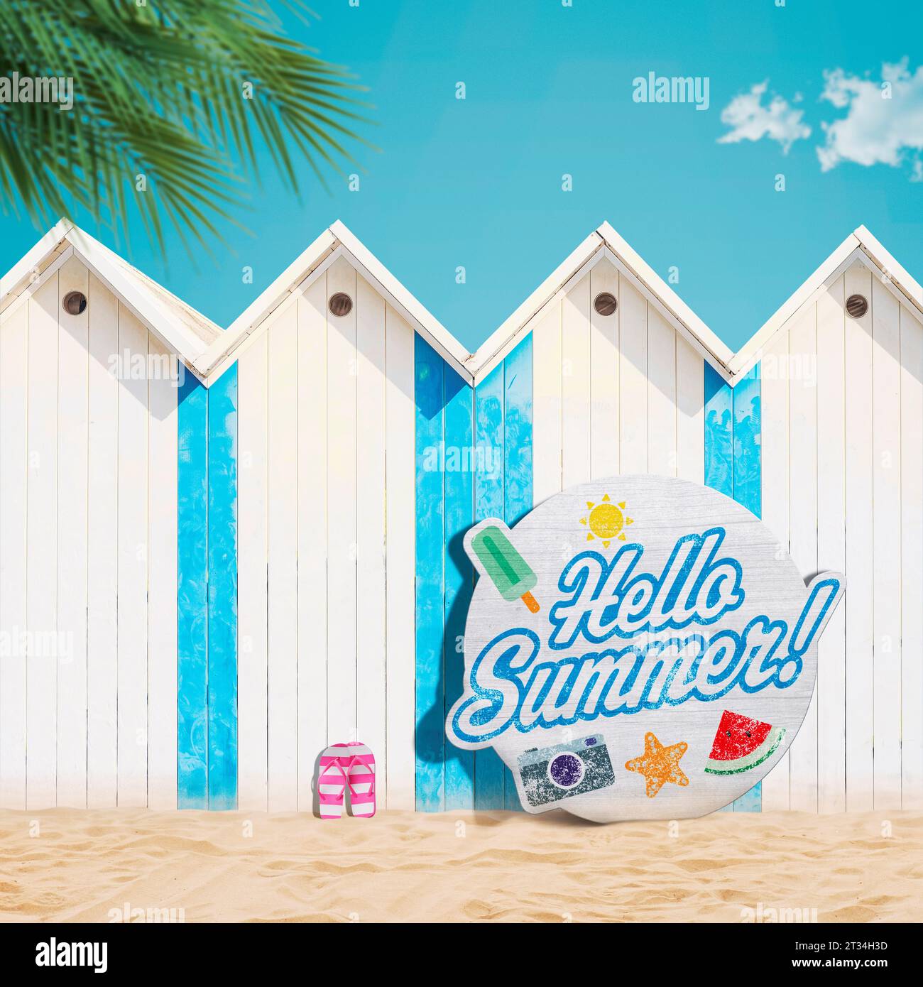 Hello Summer sign and beach huts, summer vacations at the seaside ...