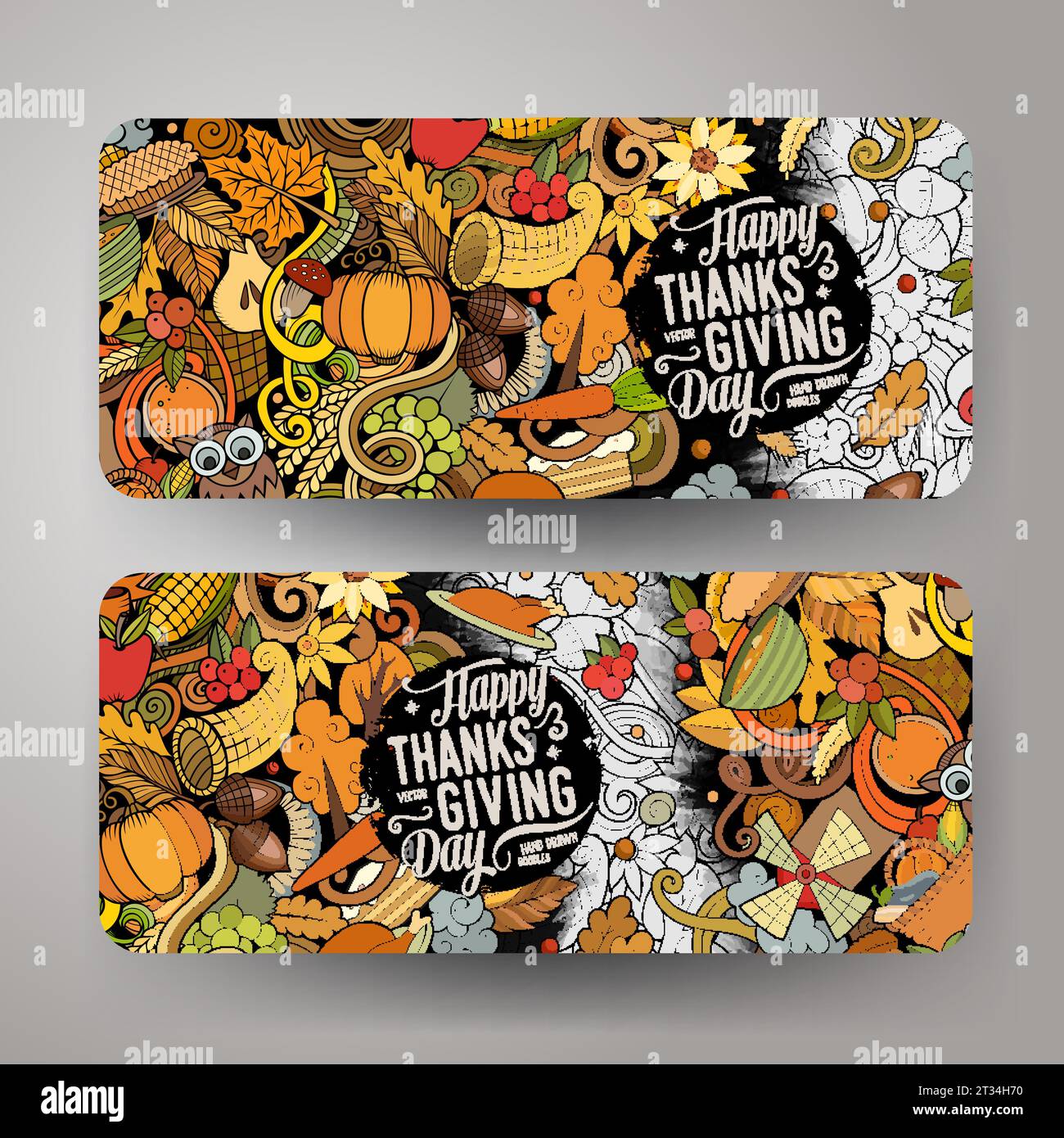 Cartoon cute colorful vector doodles Thanksgiving corporate identity. 2 ...