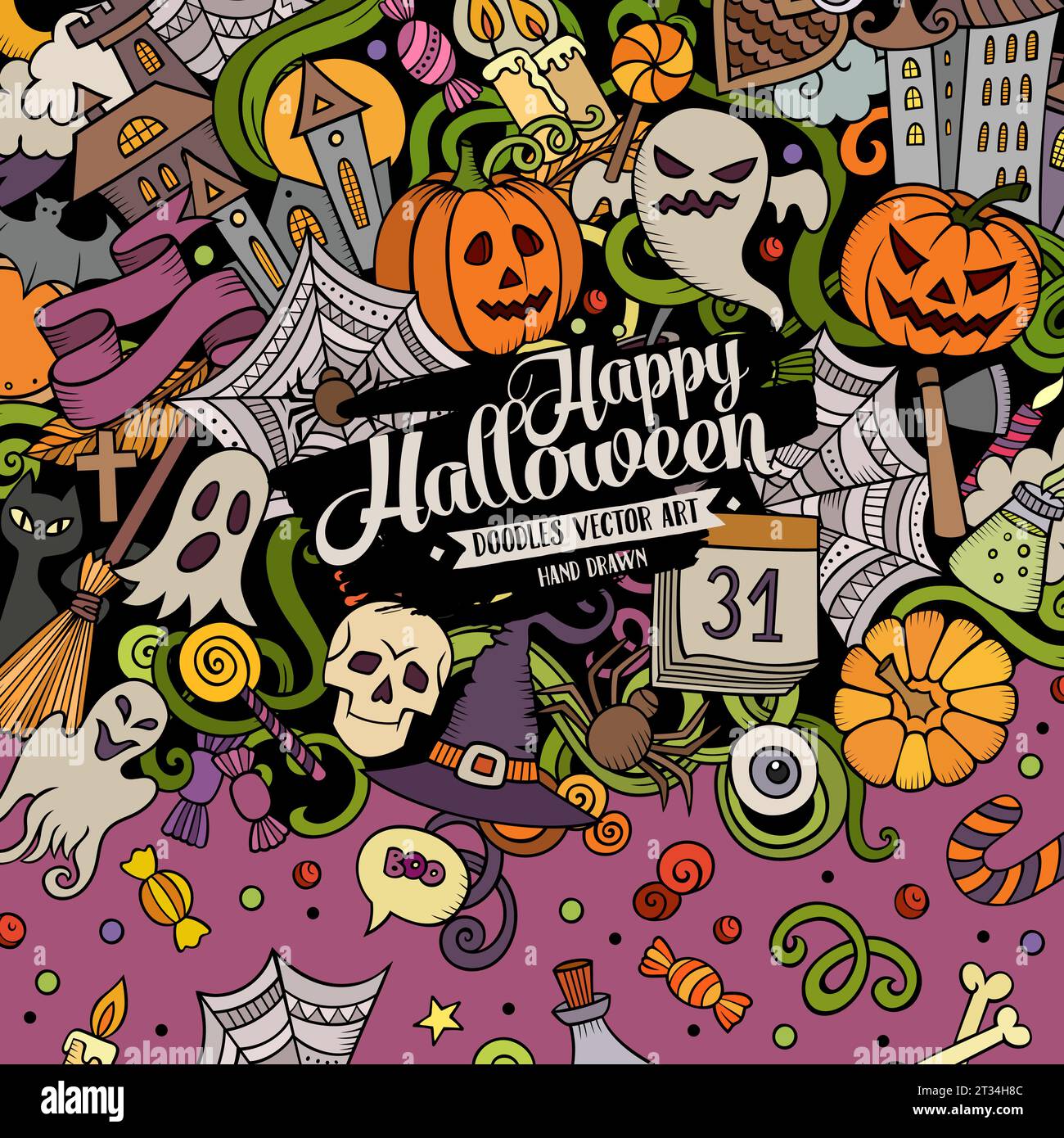 Cartoon vector doodles Happy Halloween border. Graphics, detailed, with ...