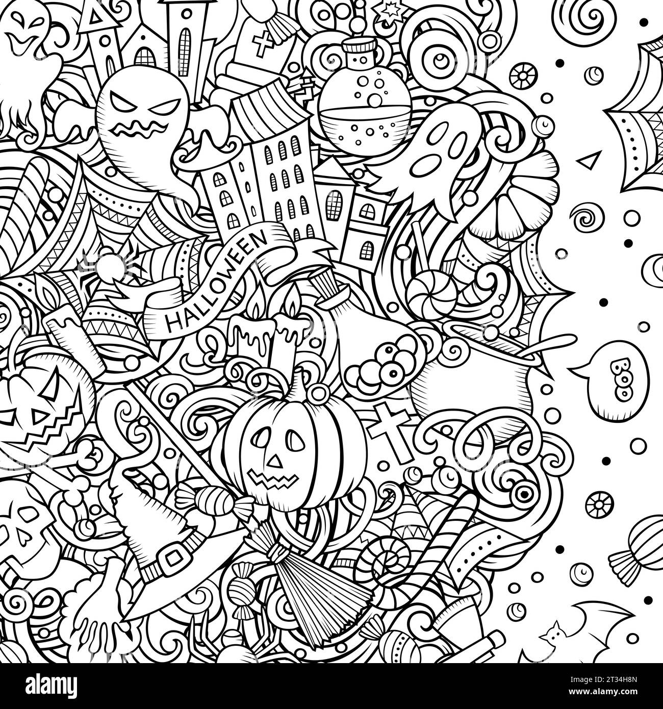 Cartoon vector doodles Happy Halloween border. Graphics, detailed, with ...