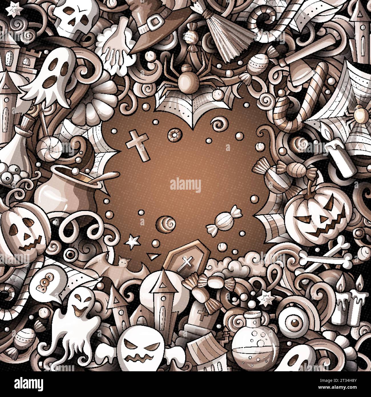 Cartoon vector doodles Happy Halloween border. Graphics, detailed, with ...