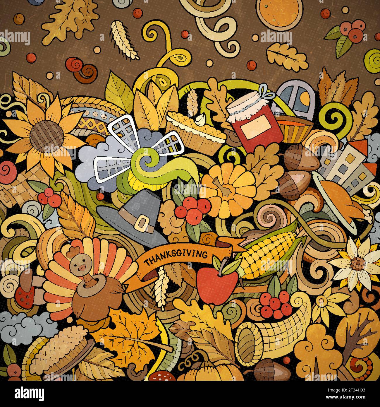 Cartoon vector doodles Happy Thanksgiving Day frame. Colorful, detailed ...