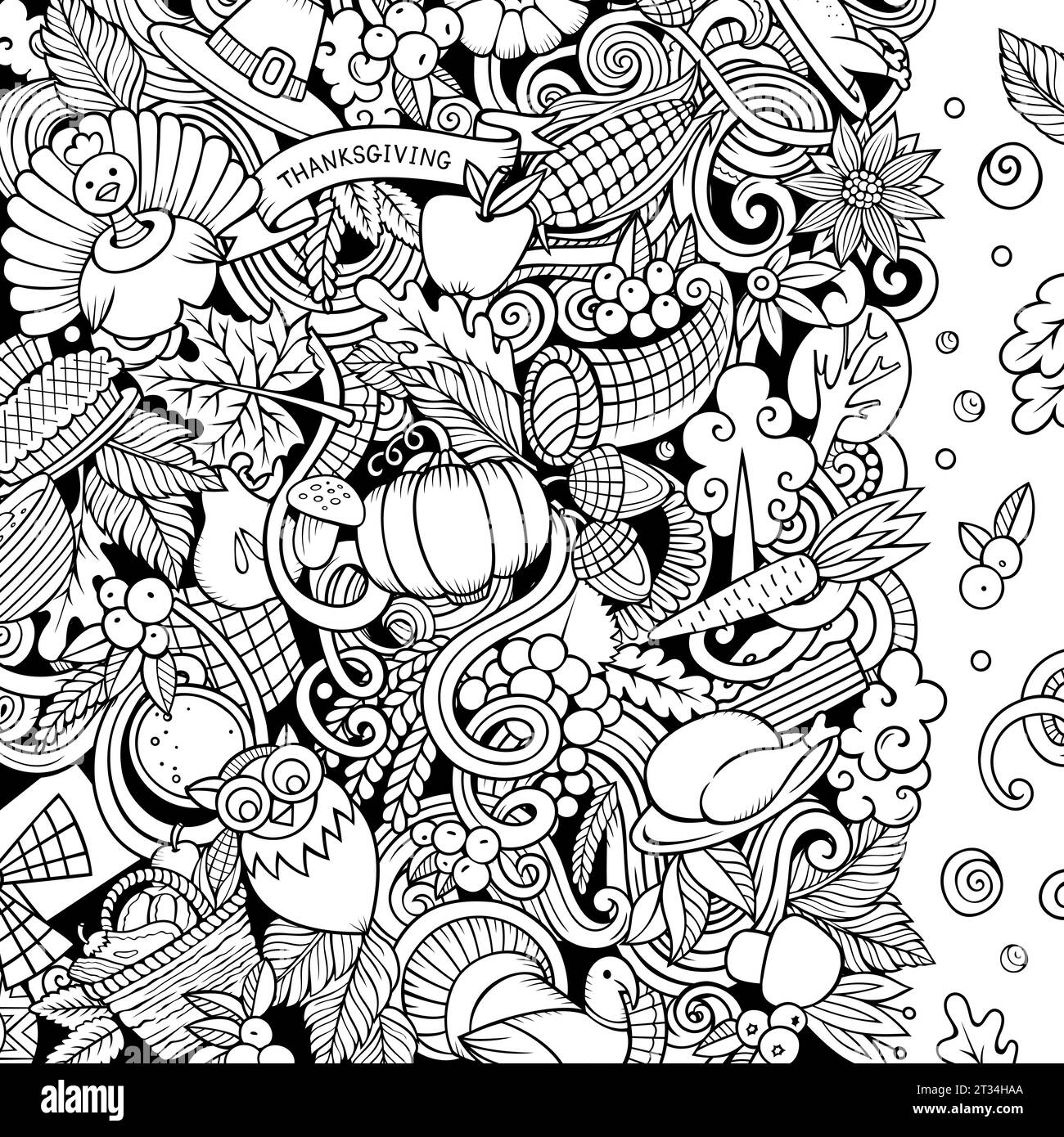 Cartoon vector doodles Happy Thanksgiving Day frame. Line art, detailed ...