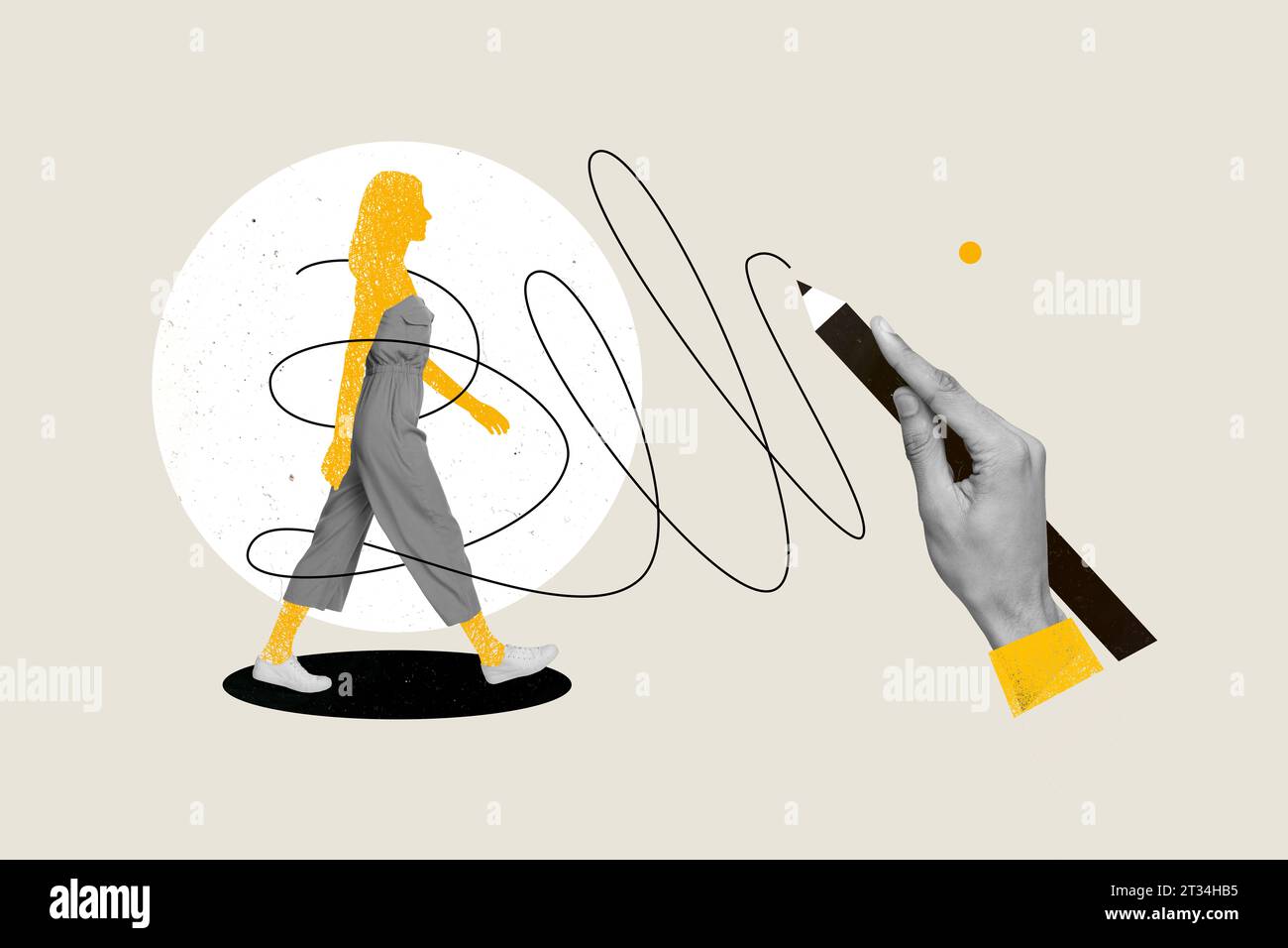 Creative trend collage of hand hold pencil drawing line female figure ...