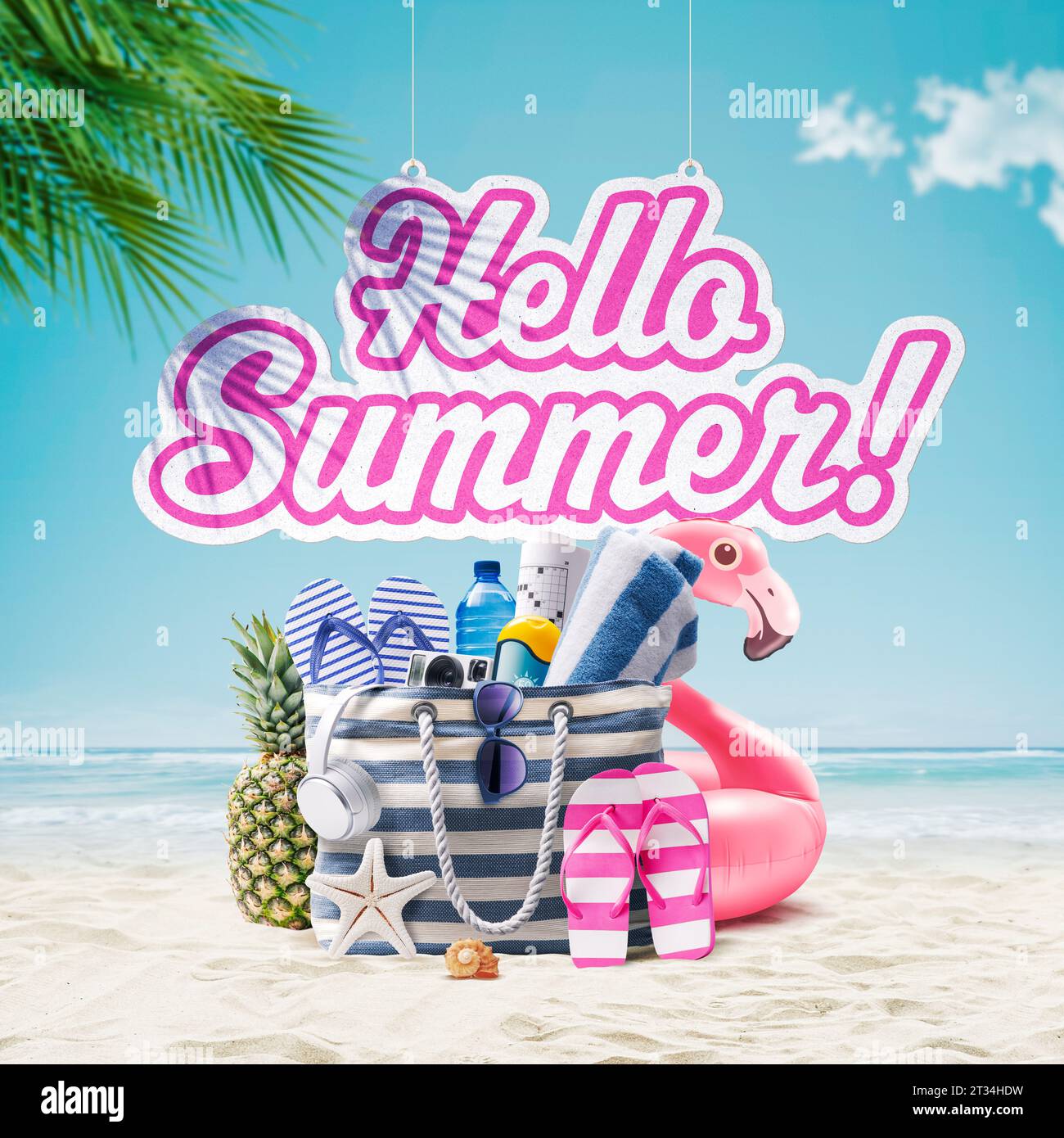 Beach bag with accessories and cute inflatable flamingo on a tropical ...