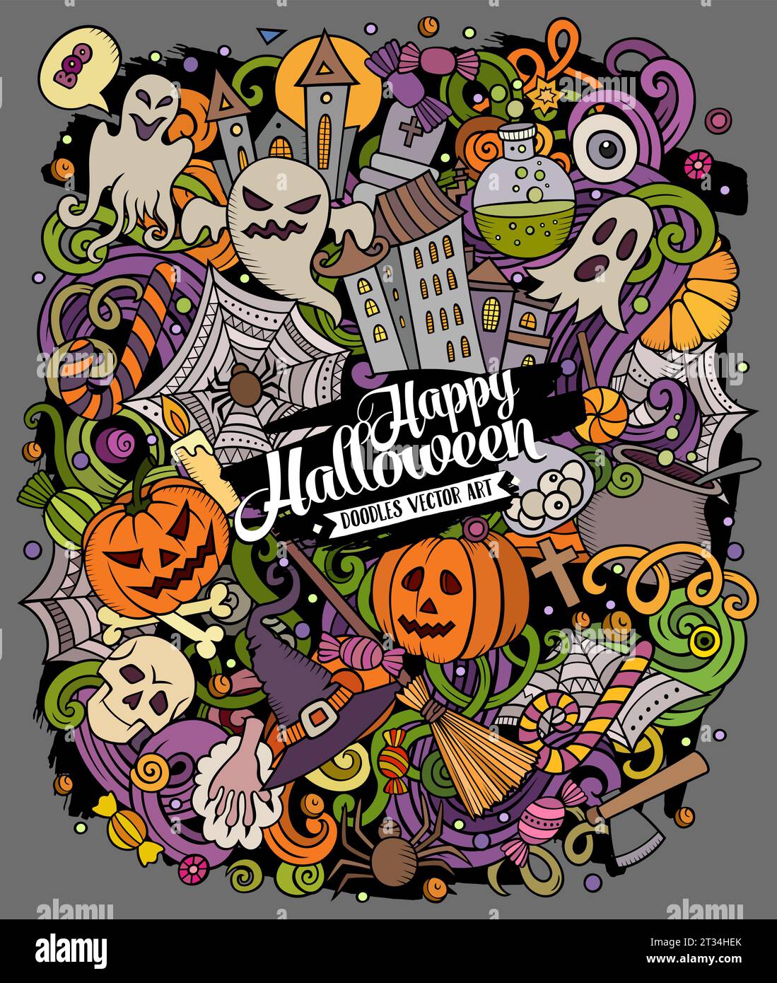 Cartoon vector doodles Happy Halloween illustration. Colorful, detailed ...