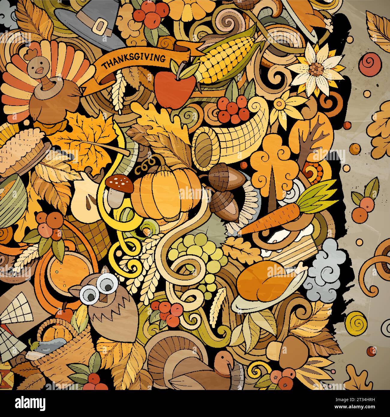 Cartoon vector doodles Happy Thanksgiving Day frame. Colorful, detailed ...