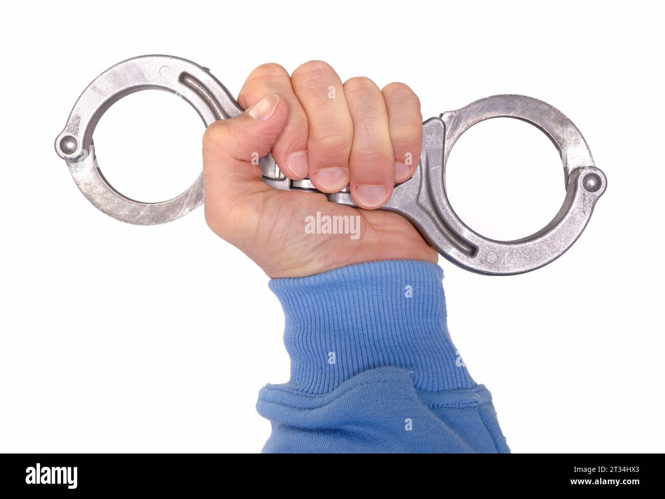 Modern strong handcuffs isolated on white background Stock Photo - Alamy